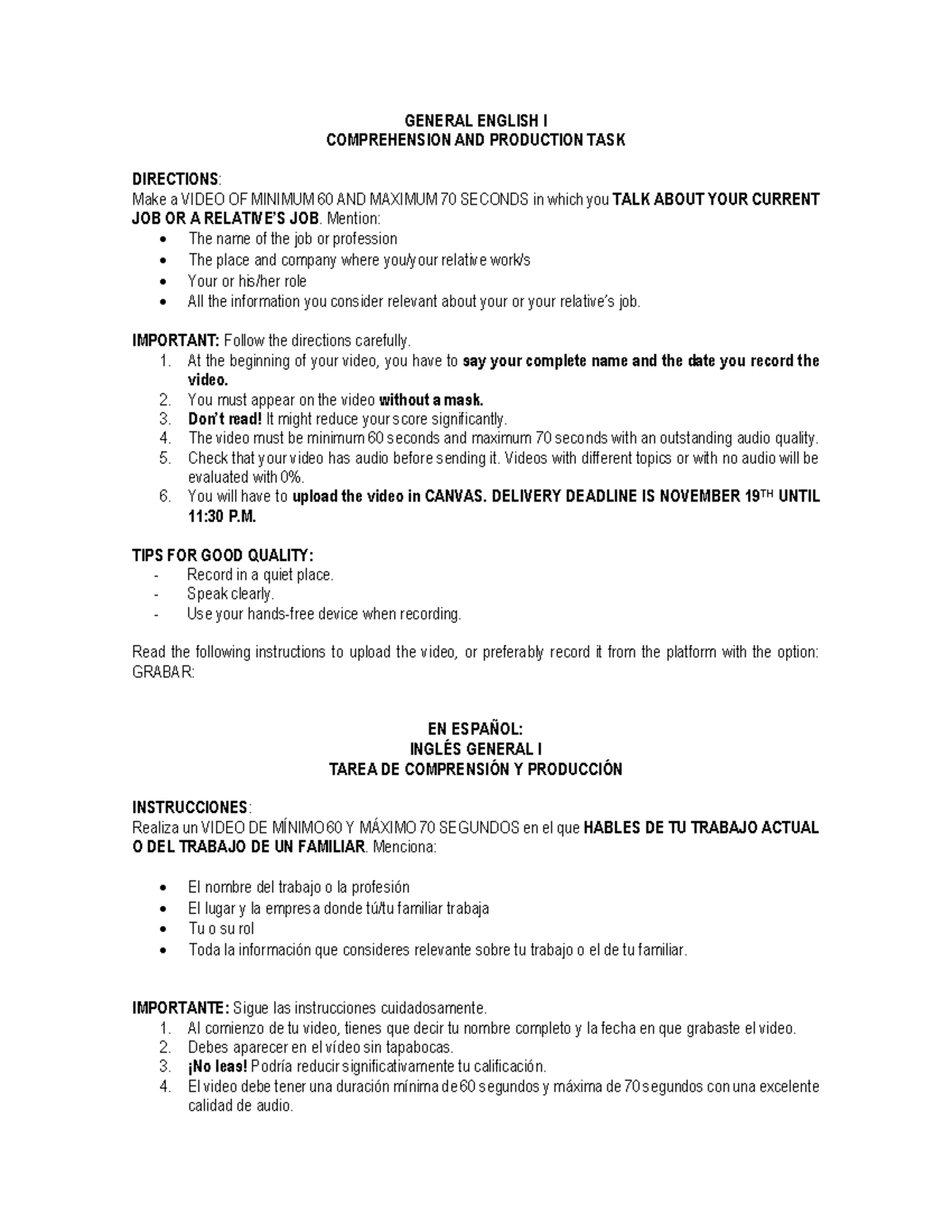 Video TASK - General English I-1 - GENERAL ENGLISH I COMPREHENSION AND ...