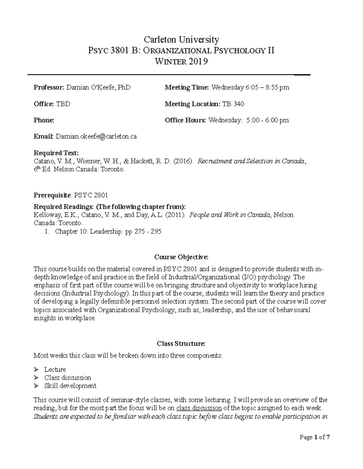 PSYC 3801B. Organizational Psychology II. Course Outline.Winter.2019 ...