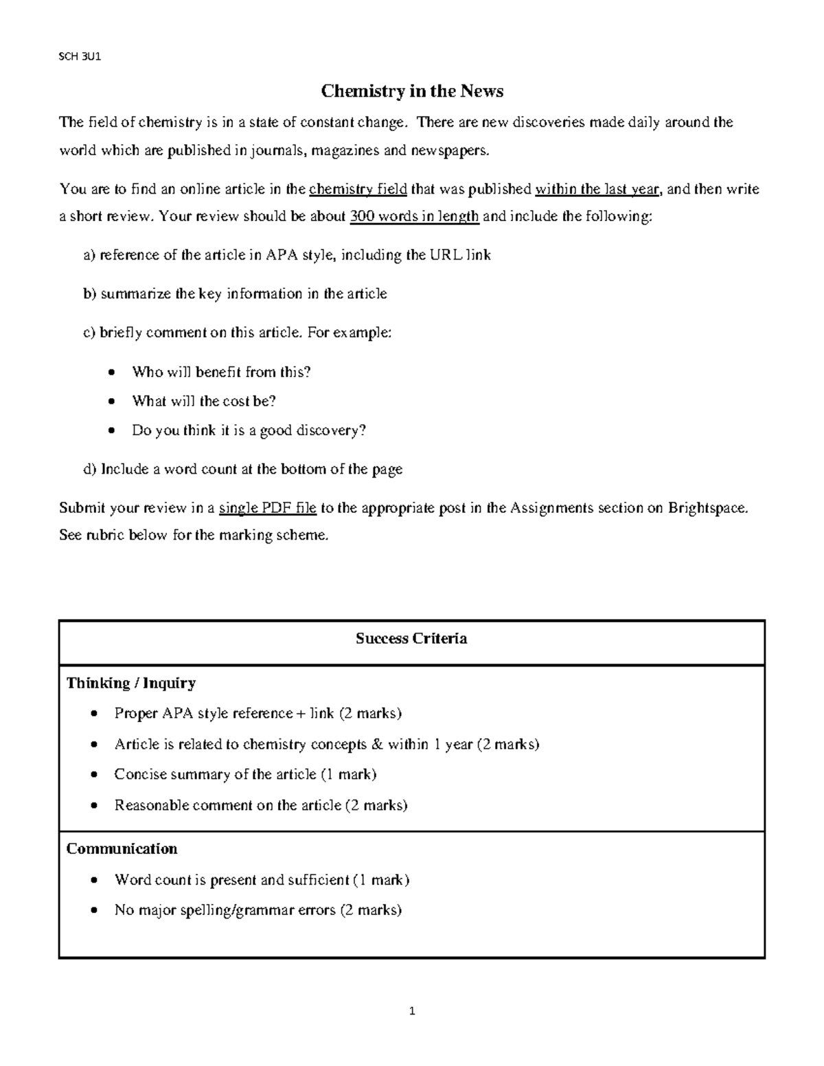 02 Chem in the News Assignment - SCH 3U 1 Chemistry in the News The ...