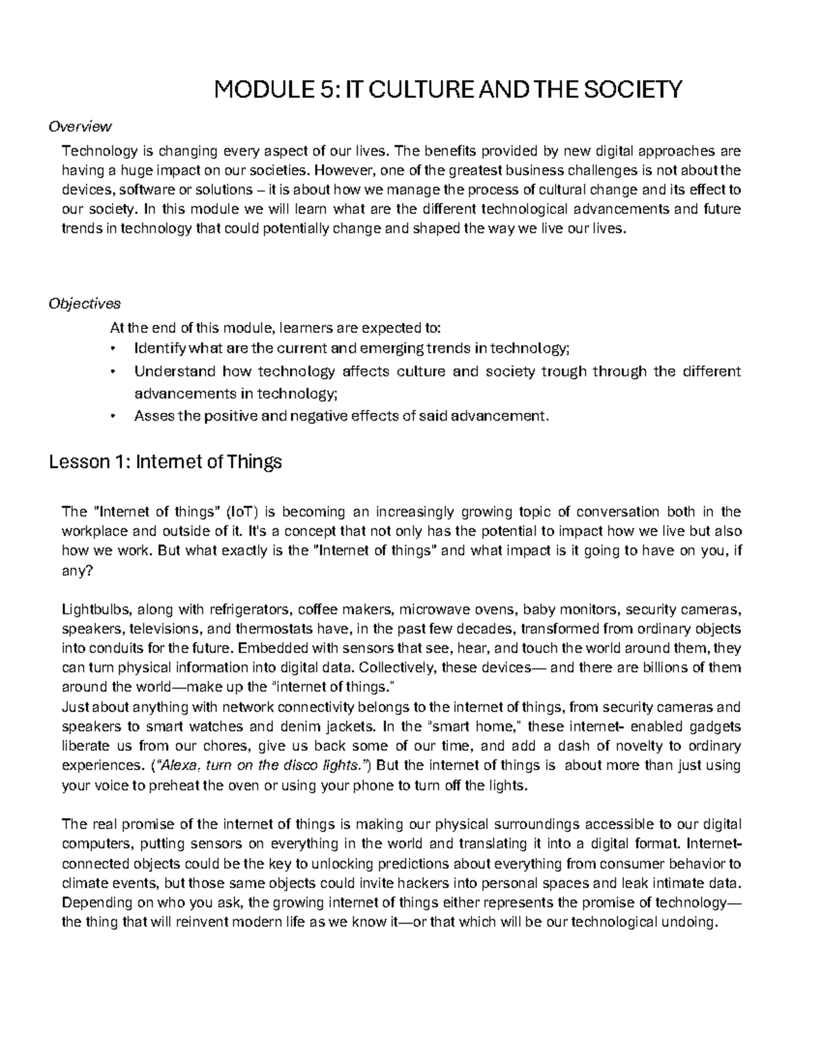 Lesson 5 IT Culture AND THE Society - MODULE 5 : IT CULTURE AND THE ...