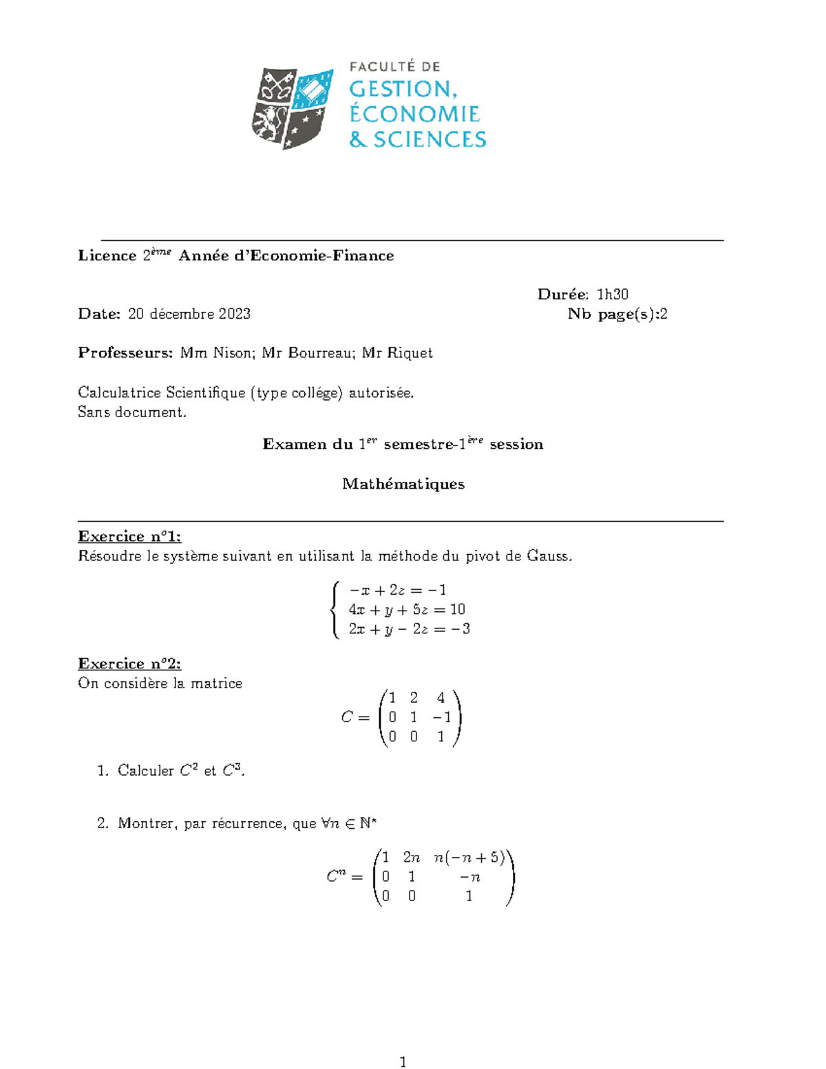 Examen maths 23-24 - Licence 2 `eme Ann ́ee d’Economie-Finance Dur ́ee ...