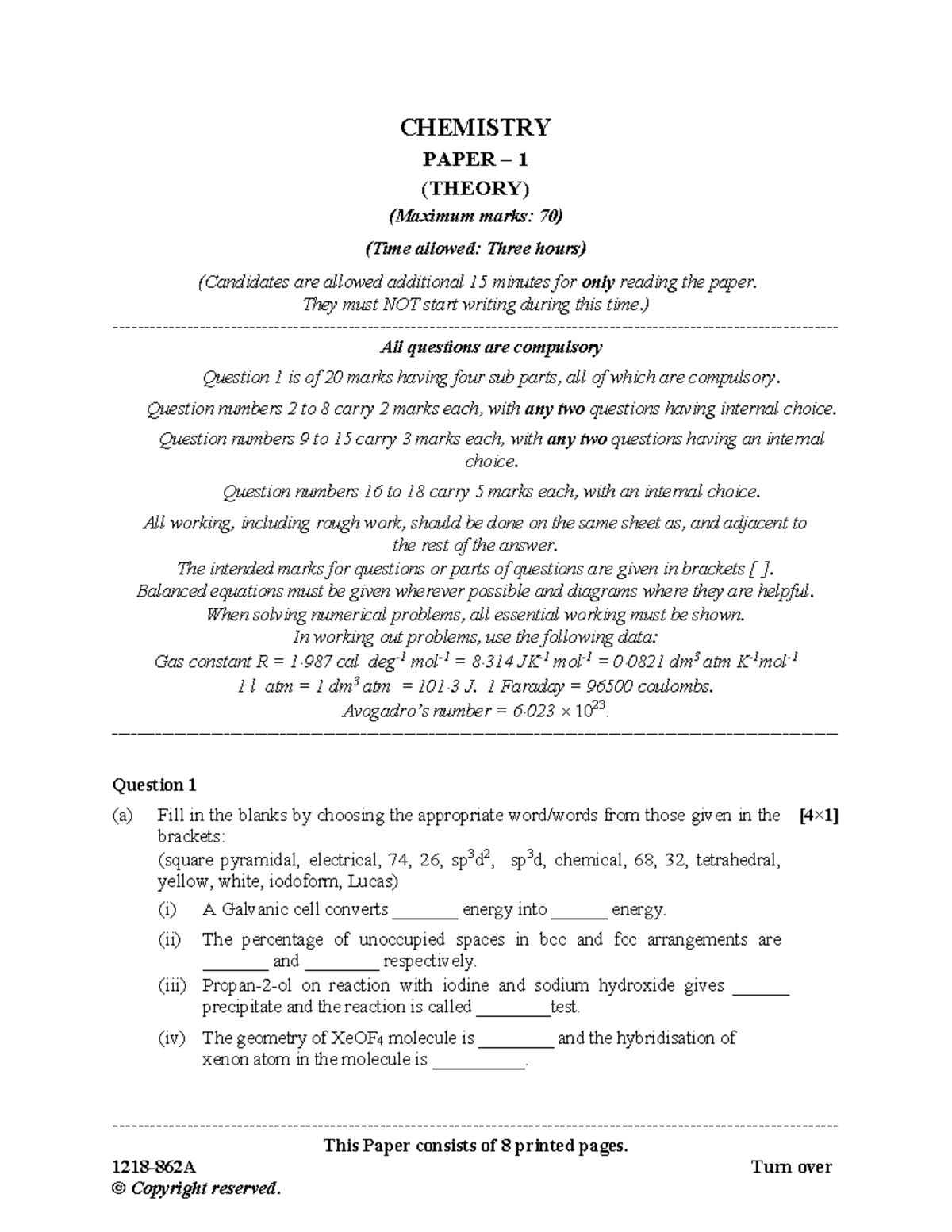 Chemistry Paper 1 (Theory) - 2018 - This Paper consists of 8 printed ...