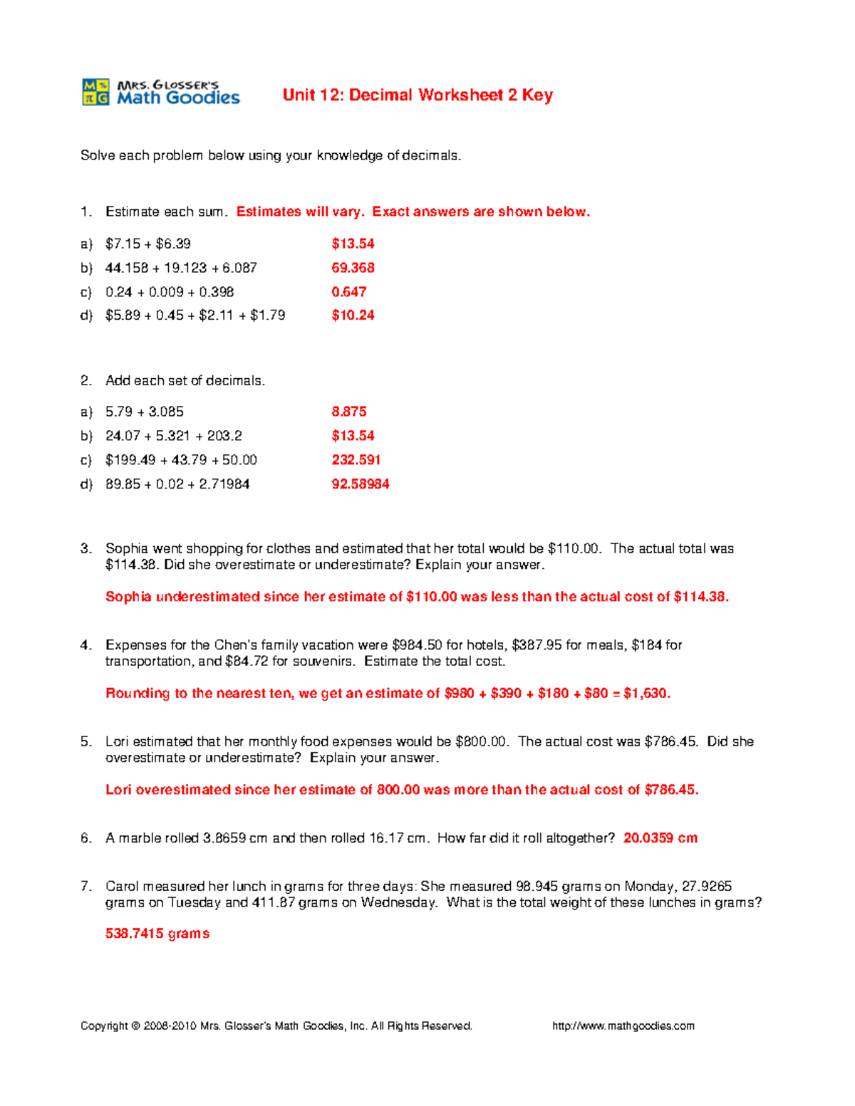 Unit12 wks2 key - Unit15 wks1 - Unit 12: Decimal Worksheet 2 Key Solve each problem below using ...