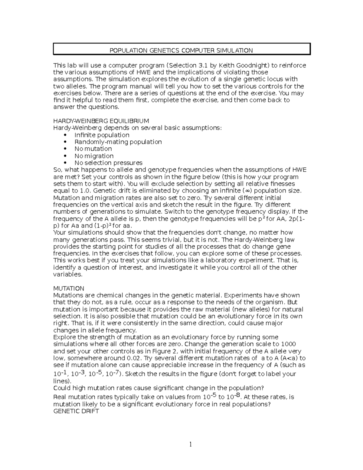 BIOL206 - Prac 4 - Population Genetics Computer Simulation - POPULATION ...