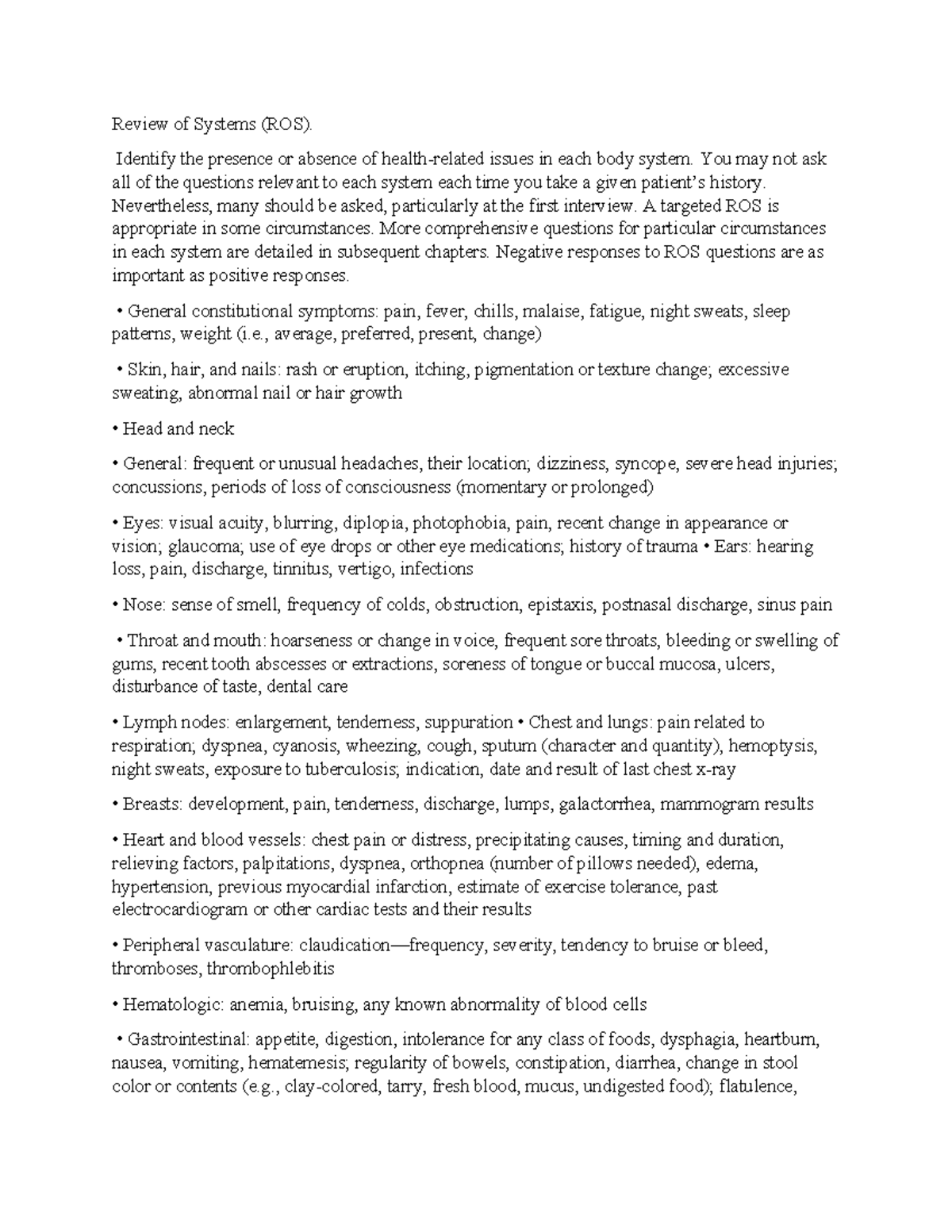 Review OF Systems - Summary nursing - Review of Systems (ROS). Identify ...