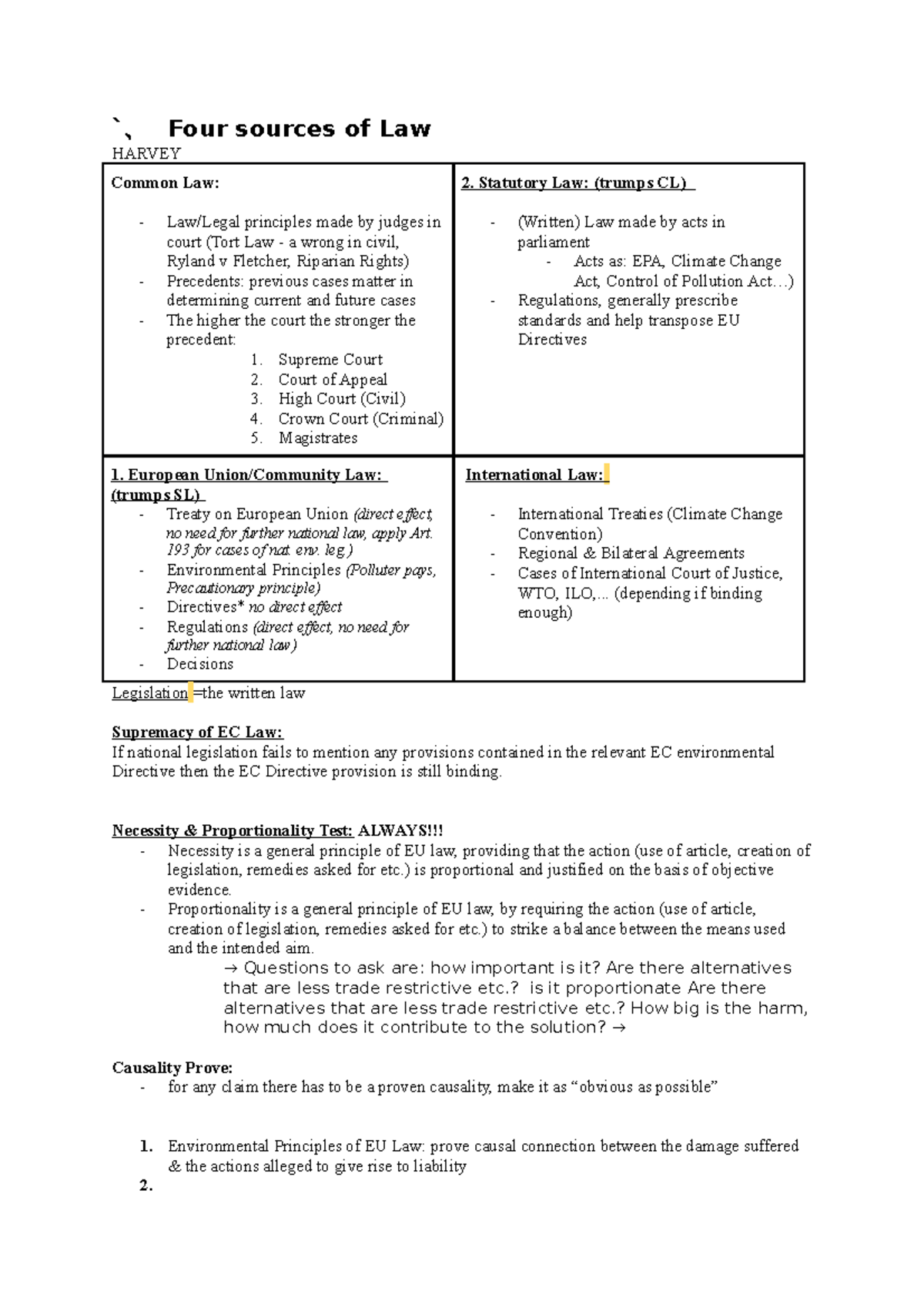 Env.Law summary - Four sources of Law HARVEY Common Law: principles ...