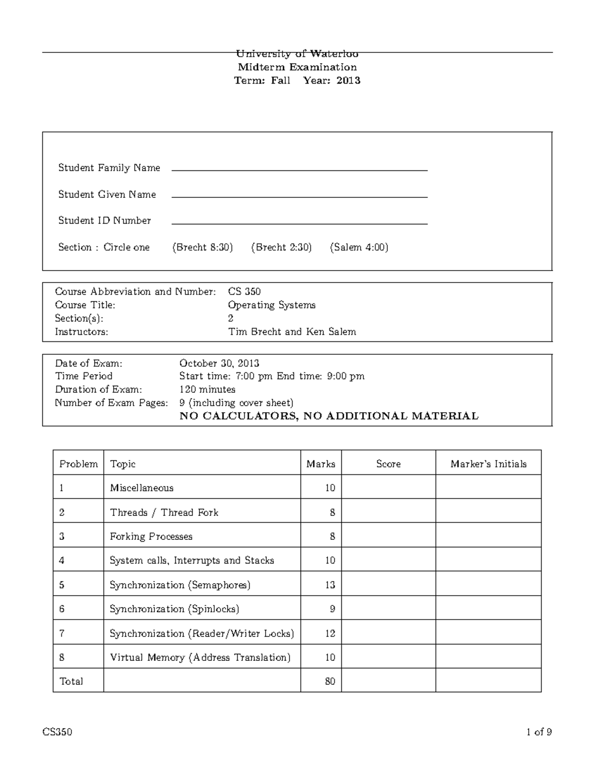 University of Waterloo CS350 Midterm Examination Fall 2013 - Cs 350 ...