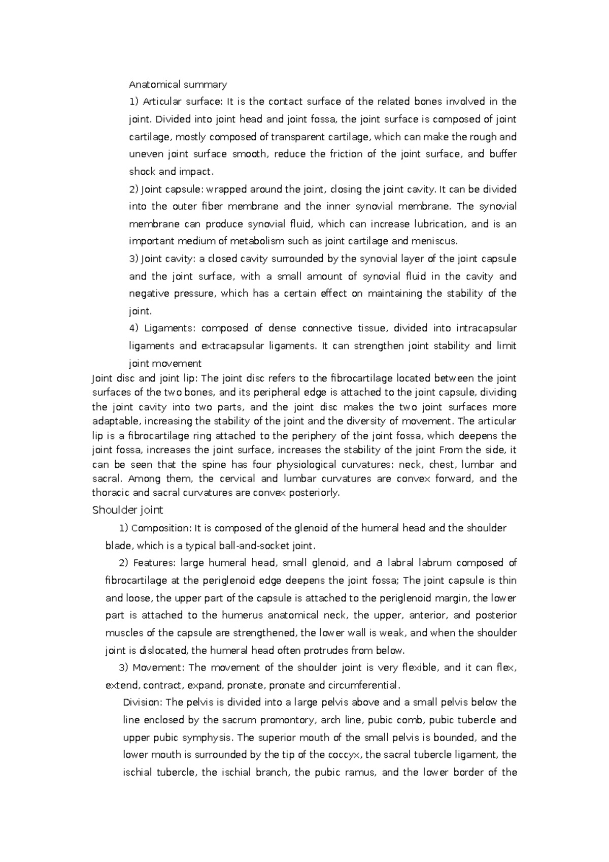 Anatomical Summary of Joints and Body Curvatures - Studocu