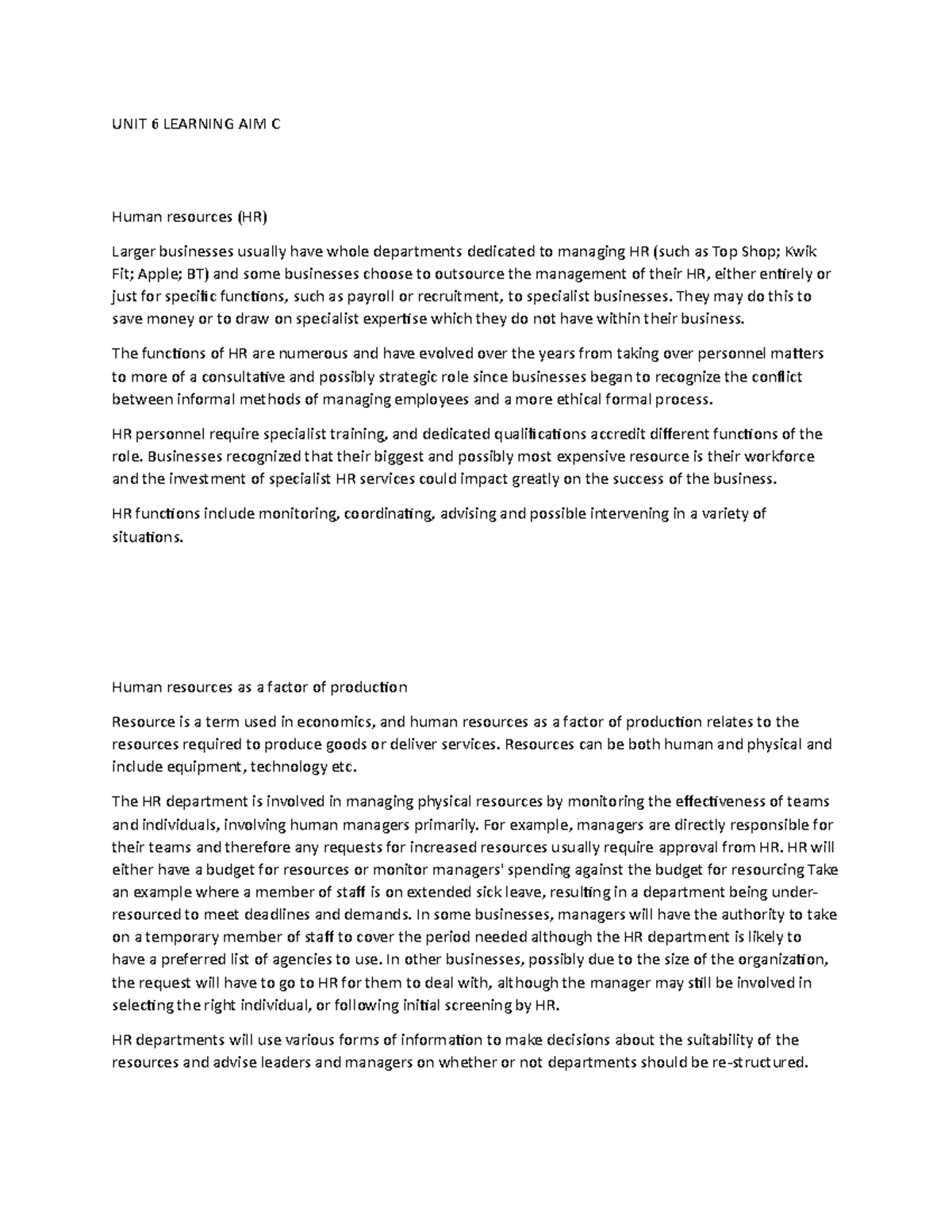 Pearson BTEC National Business Unit 6 Learning Aim C - UNIT 6 LEARNING ...