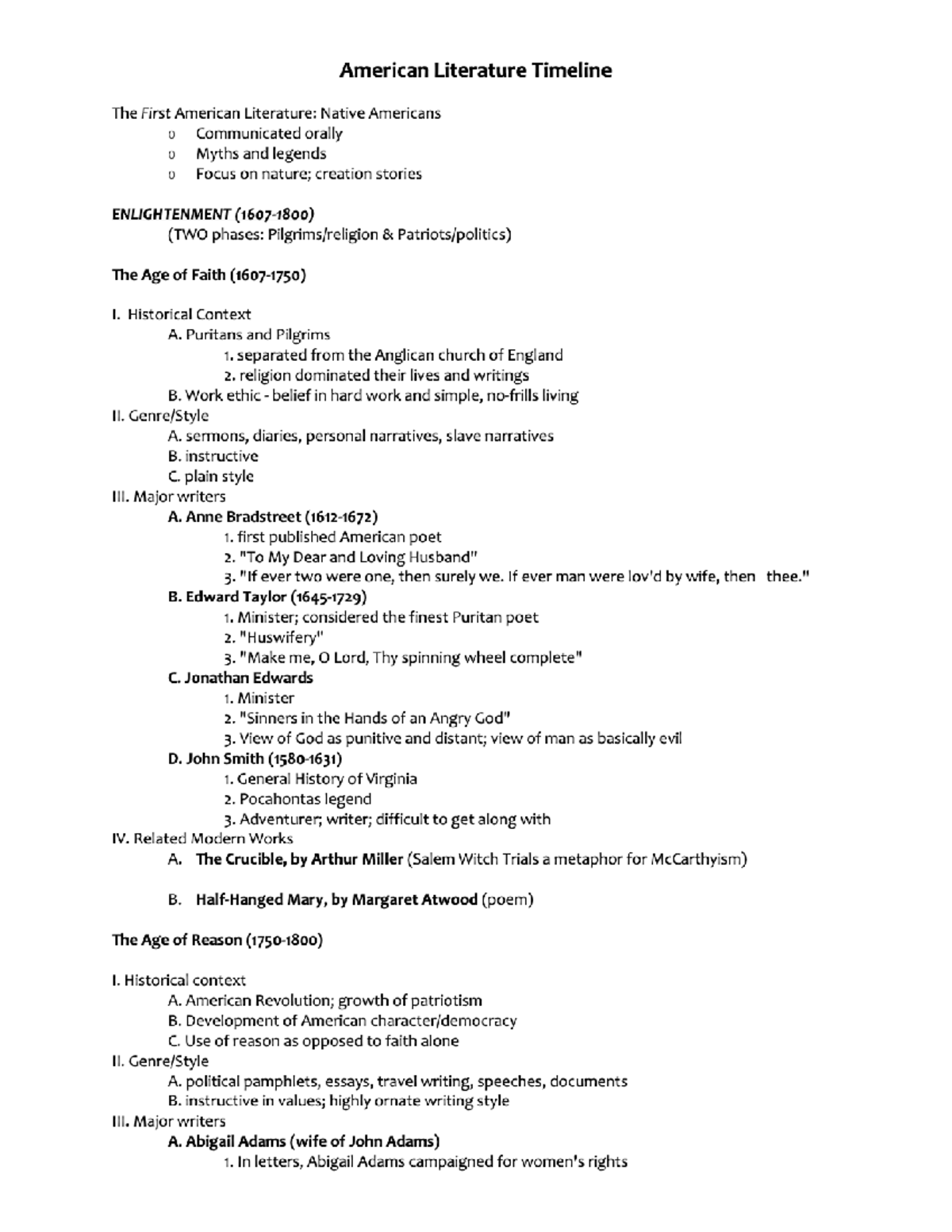 American Literature Timeline (please print) - Littérature américaine ...