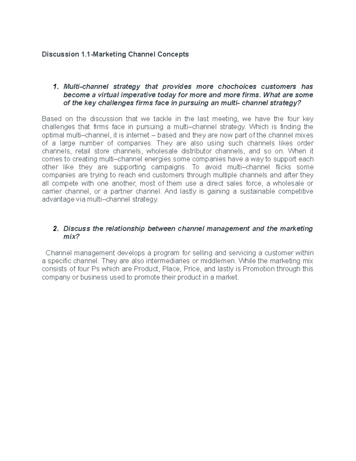 Discussion 1.1-Marketing Channel Concepts - Discussion 1-Marketing ...