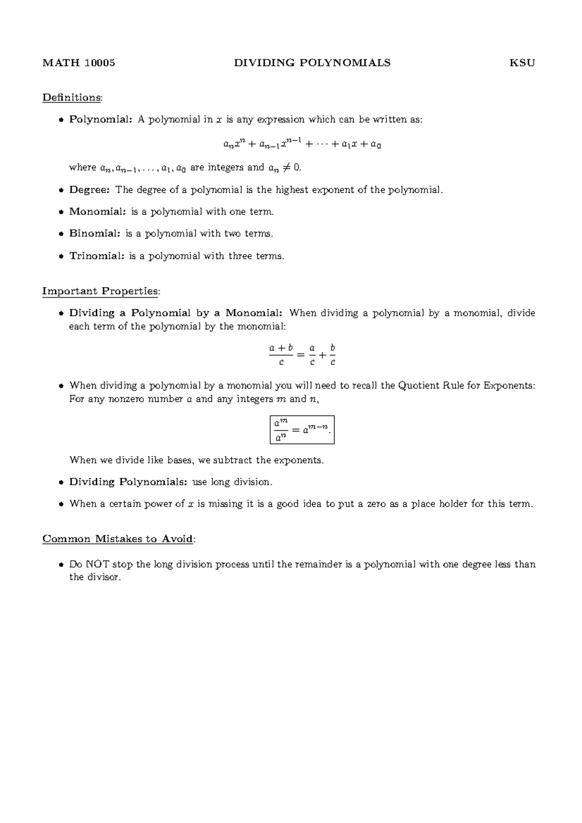 Dividing Polynomials - MATH 10005 DIVIDING POLYNOMIALS KSU Definitions ...