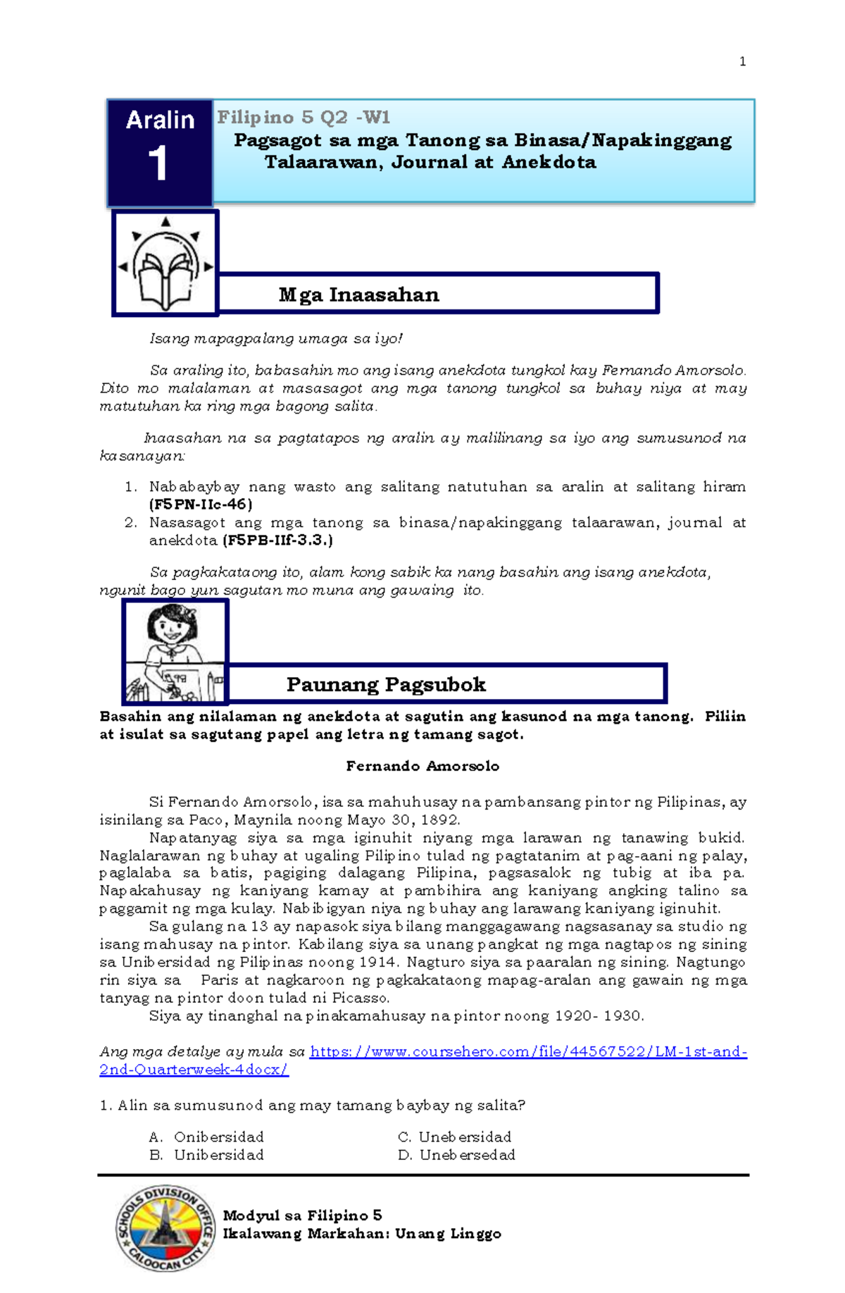 Filipino 5 Q2 Week 1 - SCIENCE - Modyul sa Filipino 5 Isang mapagpalang umaga sa iyo! Sa araling ...