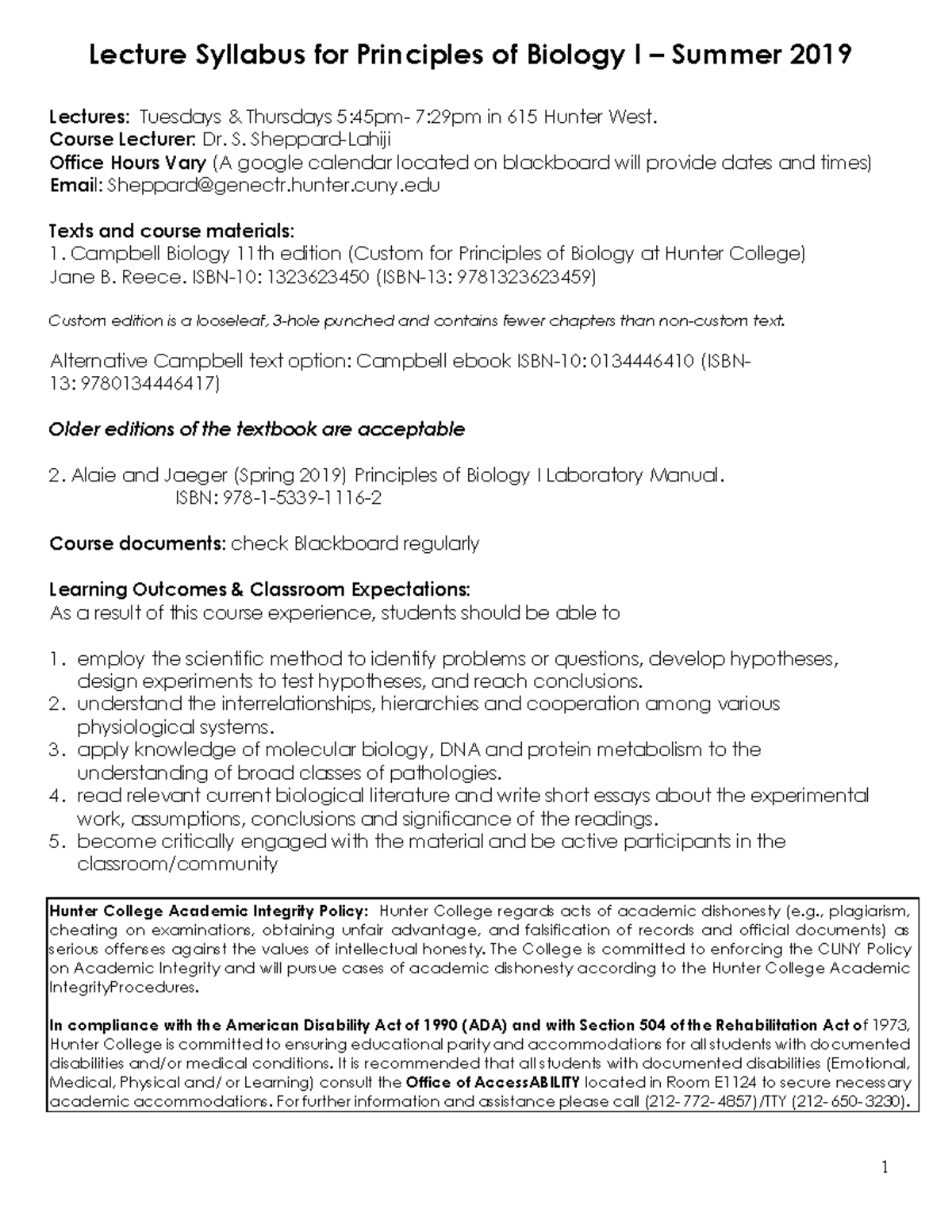 BIOL100 Syllabus SU19 - Lecture Syllabus for Principles of Biology I ...