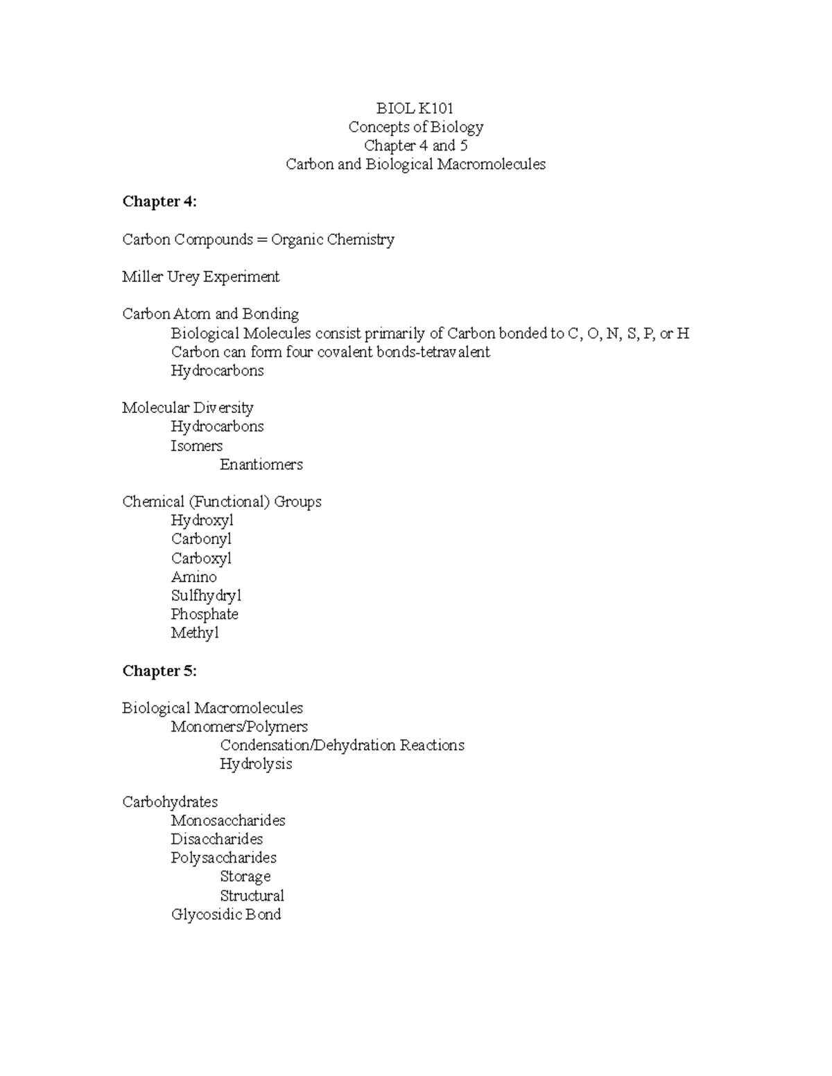 Ch04 Ch05 Outline 2020 - Lecture notes 4-5 - BIOL K Concepts of Biology ...