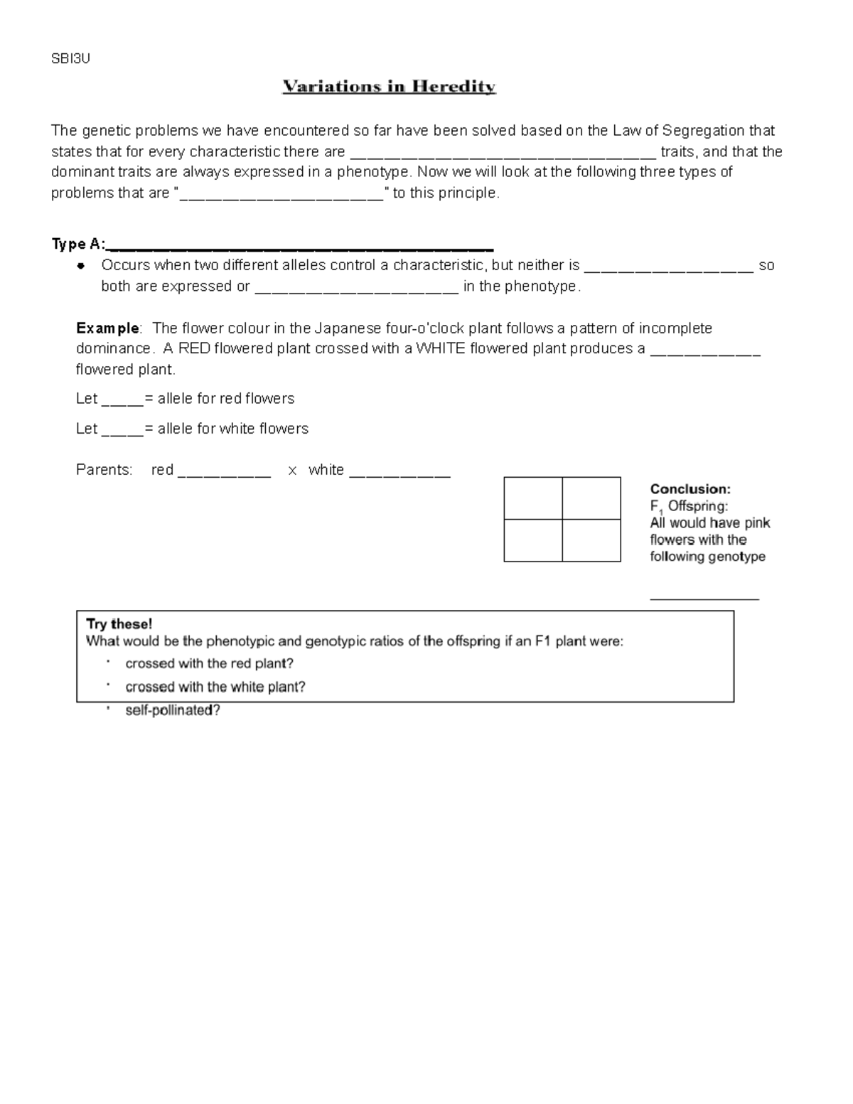 Variations in Heredity (Incomplete and Codominance) Handout - SBI3U The ...