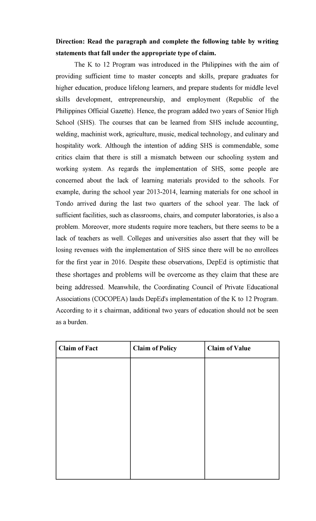 Worksheet-types of claim - Direction: Read the paragraph and complete ...