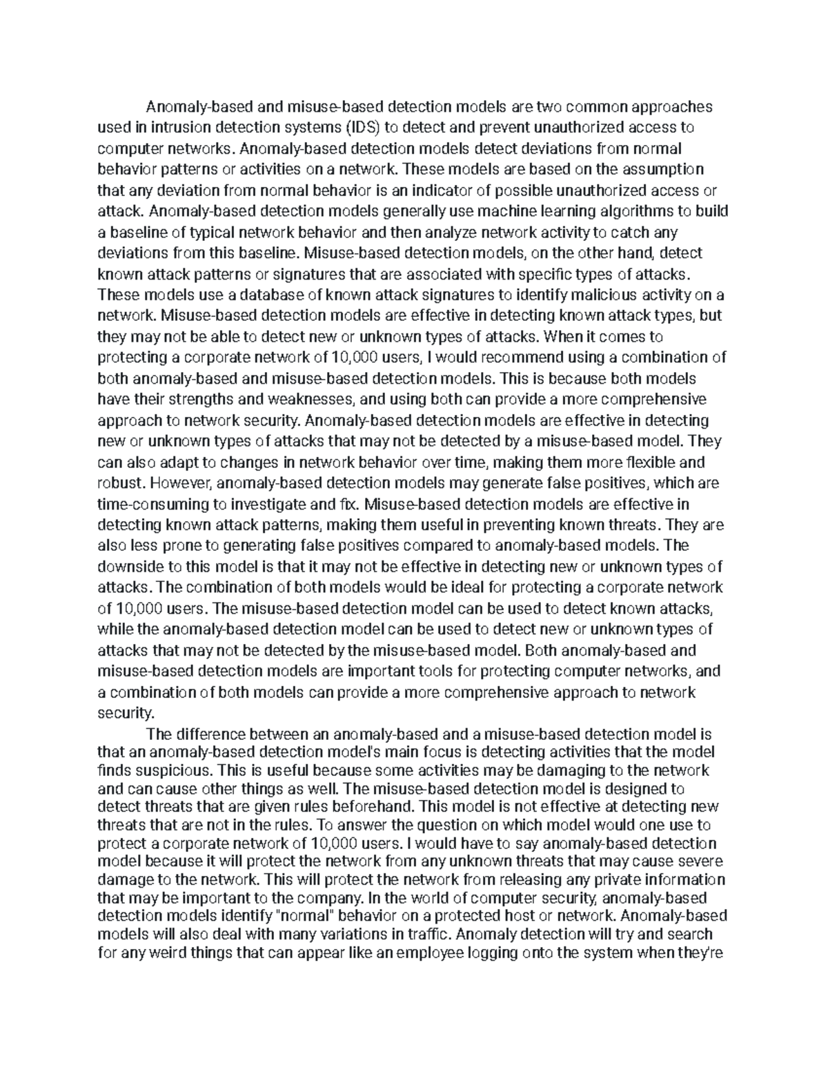 CSC-3400 Essay 20 - Anomaly-based and misuse-based detection models are ...