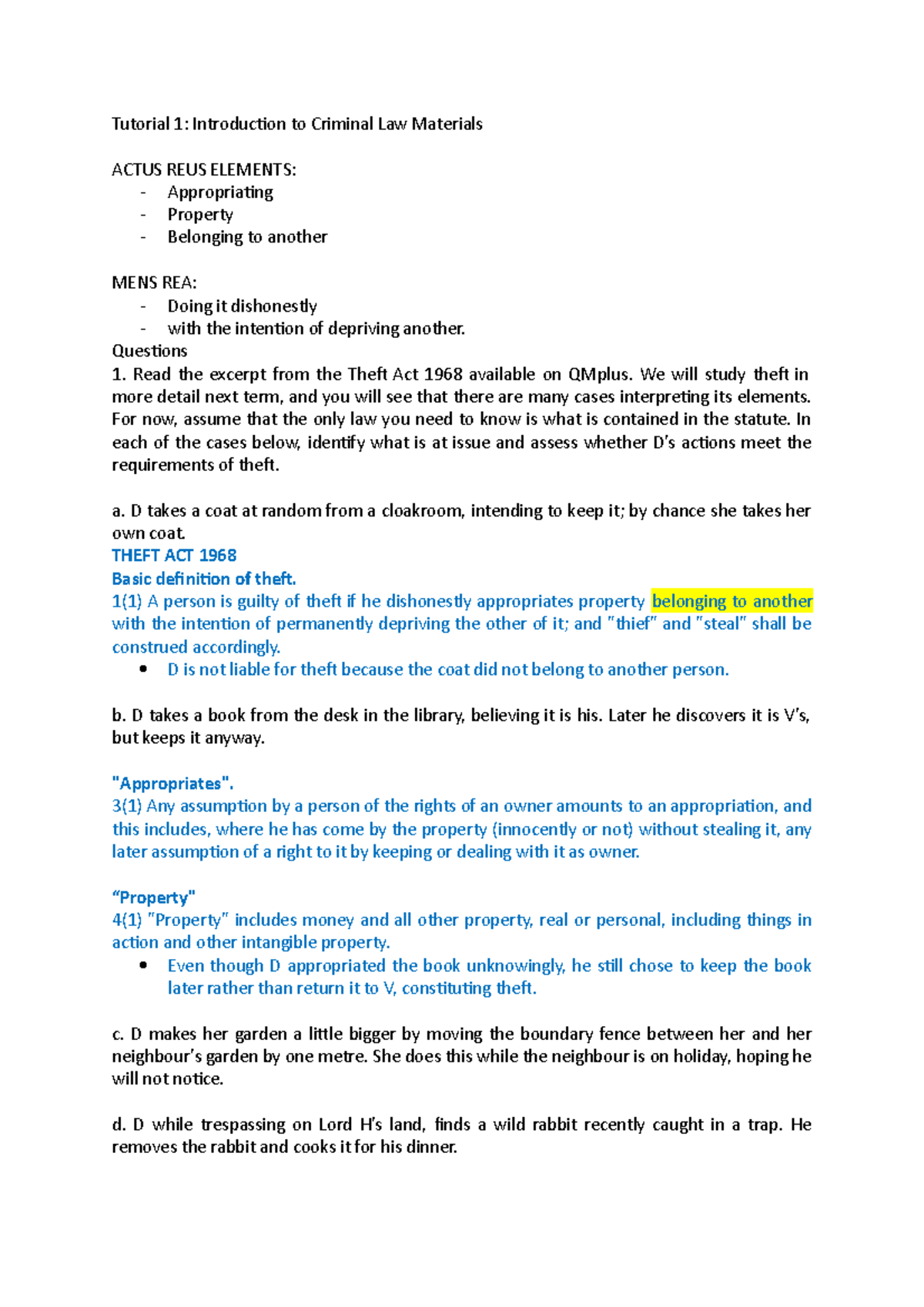 Criminal Tutorial 1 - Tutorial 1: Introduction to Criminal Law Materials ACTUS REUS ELEMENTS ...