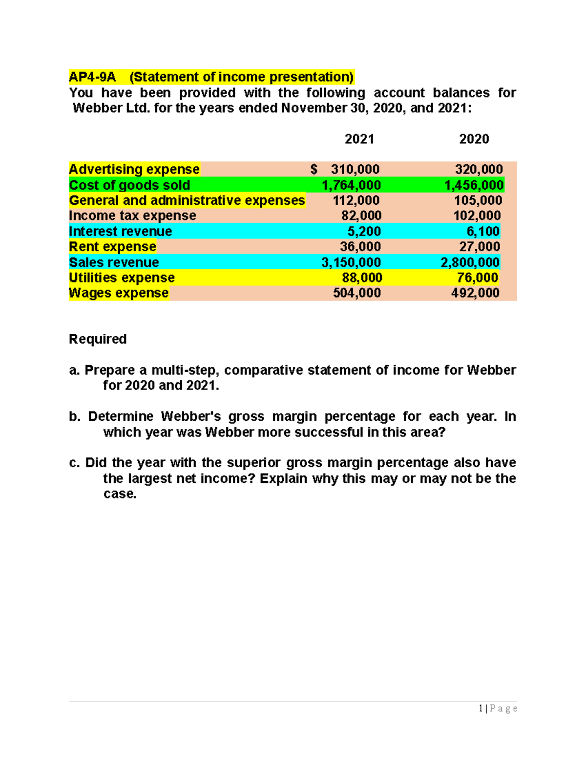 Problems in class AP 4- 9A, 10A, 12 A, 12B - AP4-9A (Statement of ...