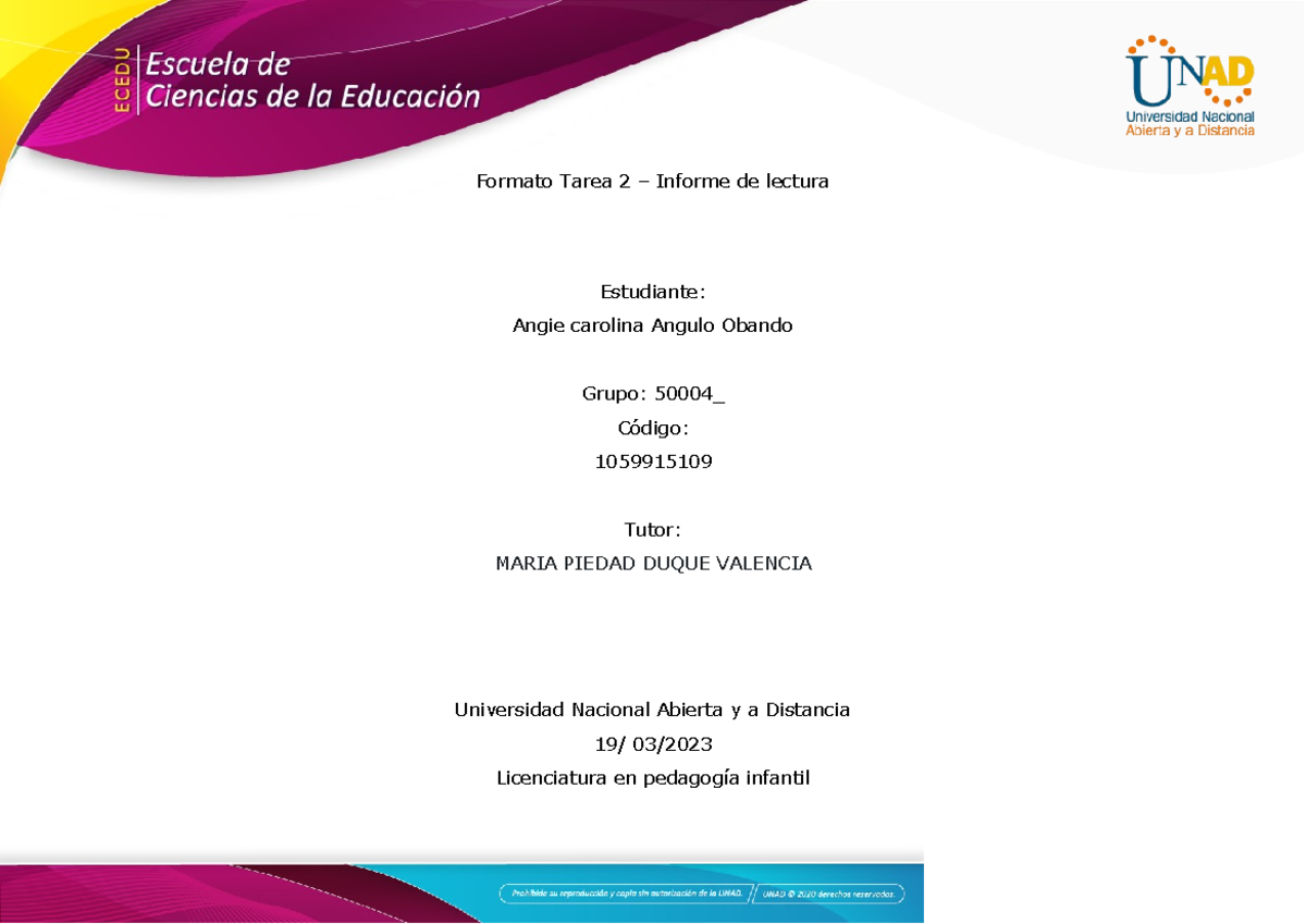 Tarea 2 angie angulo - Formato Tarea 2 – Informe de lectura Estudiante ...