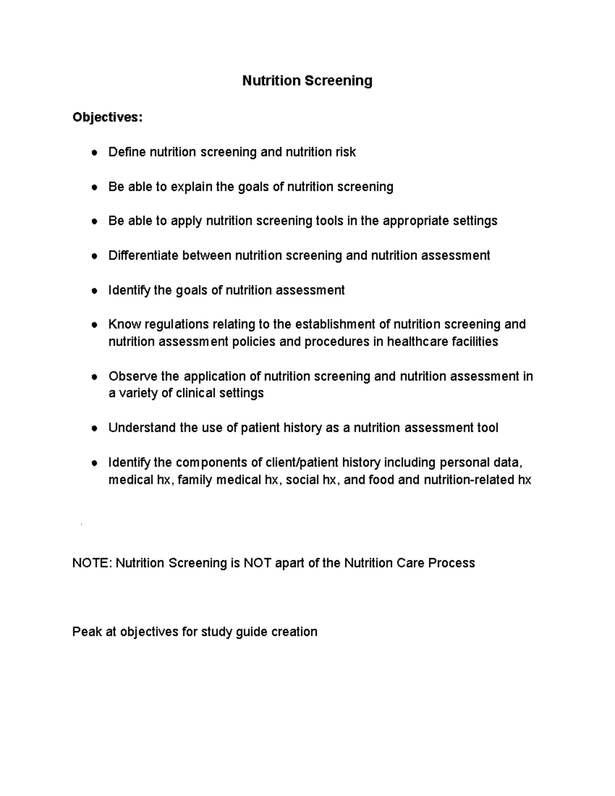 FNU 414 Nutrition Assessment Nutrition Screening - Nutrition Screening ...
