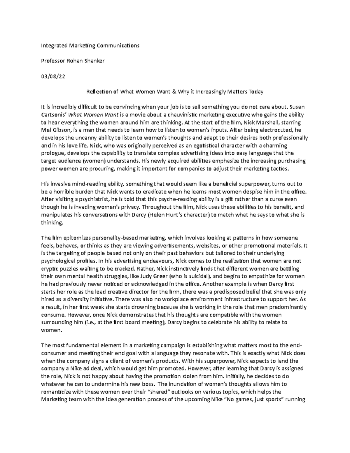 WHAT Women WANT Writeup - Integrated Marketing Communications Professor Rohan Shanker 03/08 ...