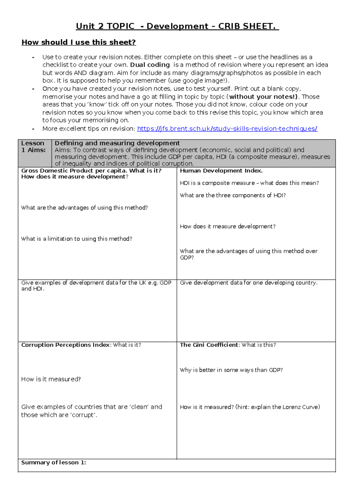 Topic 2 - Development CRIB Sheet HF - Unit 2 TOPIC - Development – CRIB ...