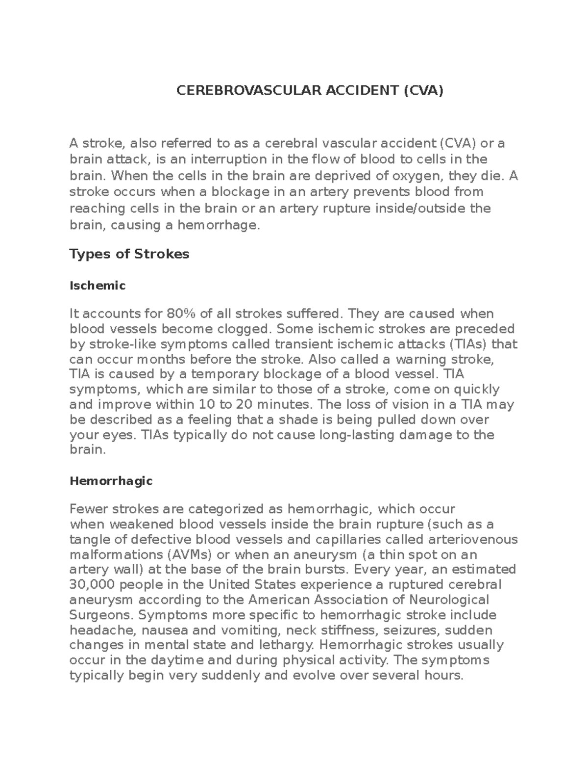 CVA - assignment - CEREBROVASCULAR ACCIDENT (CVA) A stroke, also ...
