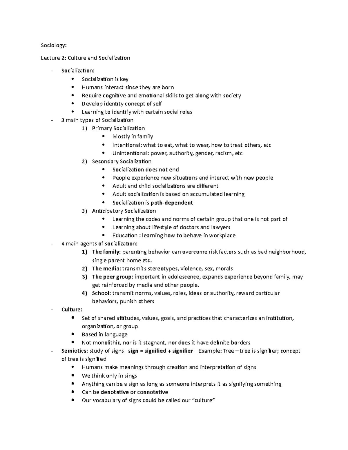 Lecture 2 notes - Sociology: Lecture 2: Culture and Socialization ...