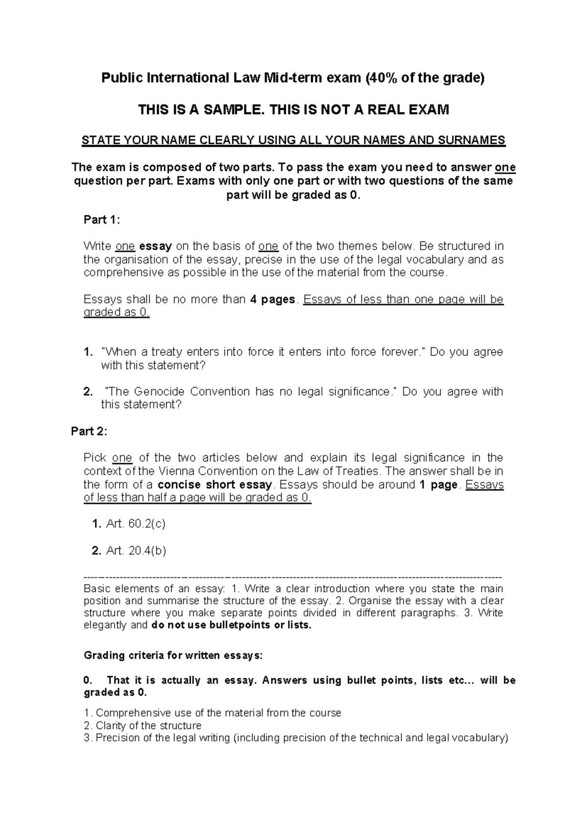 Sample PIL exam - Public International Law Mid-term exam (40% of the ...