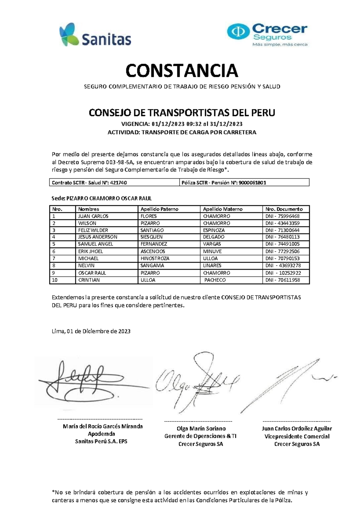 Modelo PDF Carlos - Contrato SCTR - Salud N°: 421740 Póliza SCTR - Pensión N°: 9000061801 ...