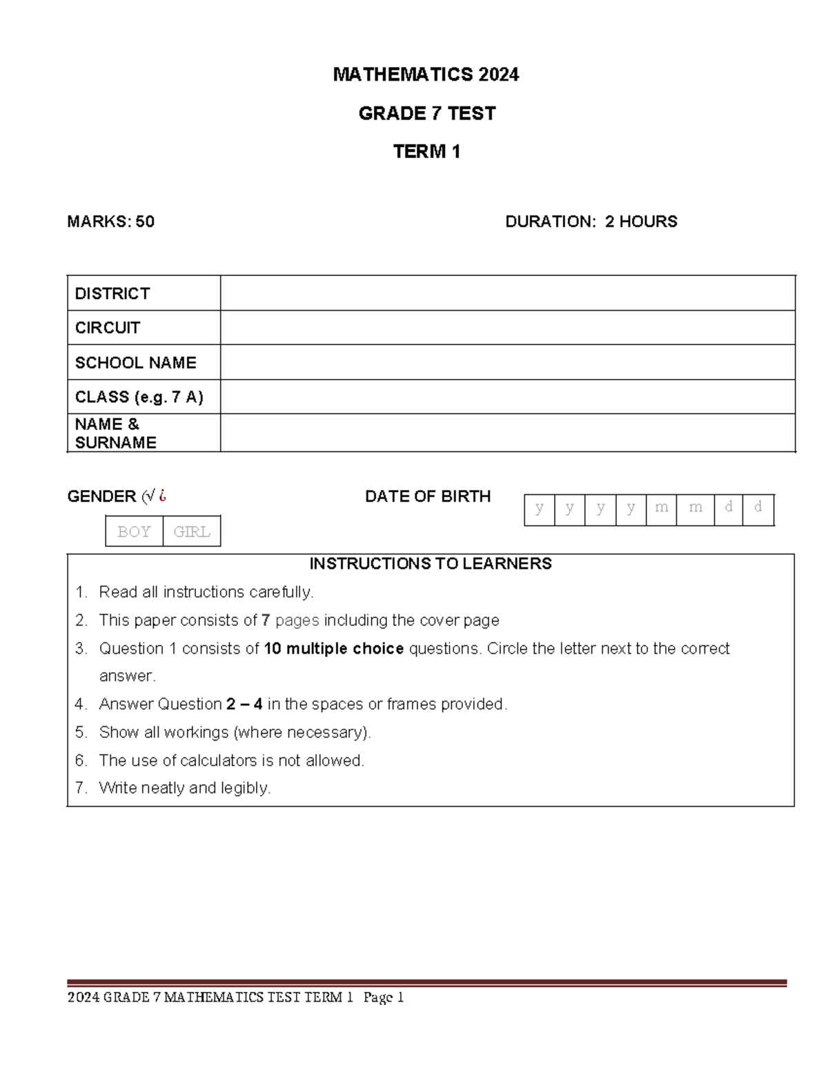 Grade 7 Mathematics TEST TERM 1 2024 021142 - MATHEMATICS 2024 GRADE 7 ...