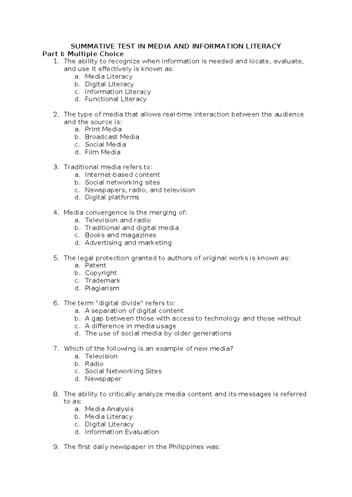 Summative TEST IN Media AND Information Literacy - SUMMATIVE TEST IN ...
