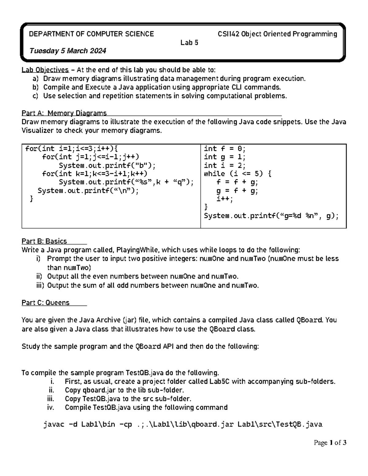 Csi142 lab5-2024 - Lab work for csi 142 - Page 1 of 3 Lab Objectives – At the end of this lab ...