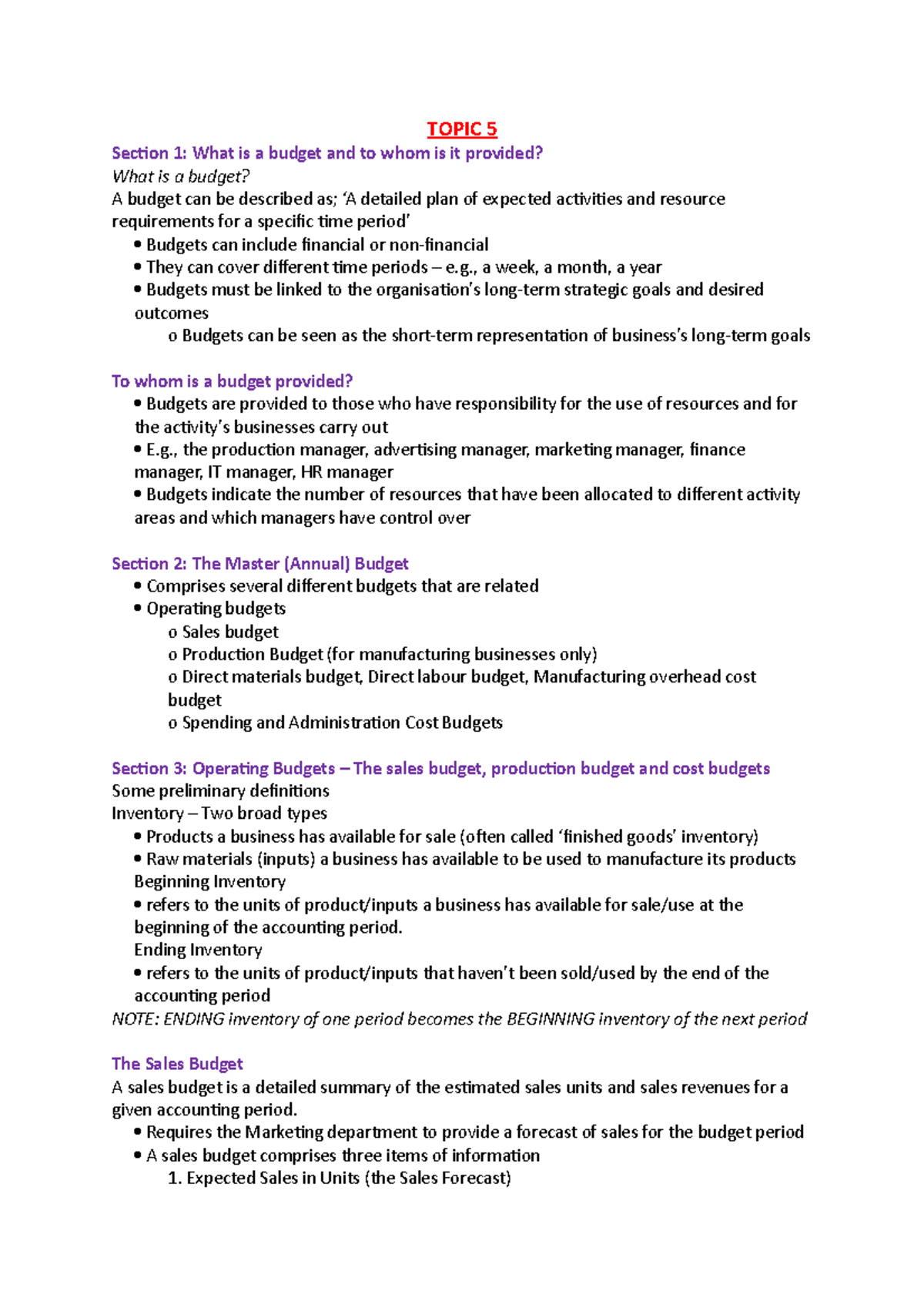 Class notes - Week 5 - TOPIC 5 Section 1: What is a budget and to whom ...