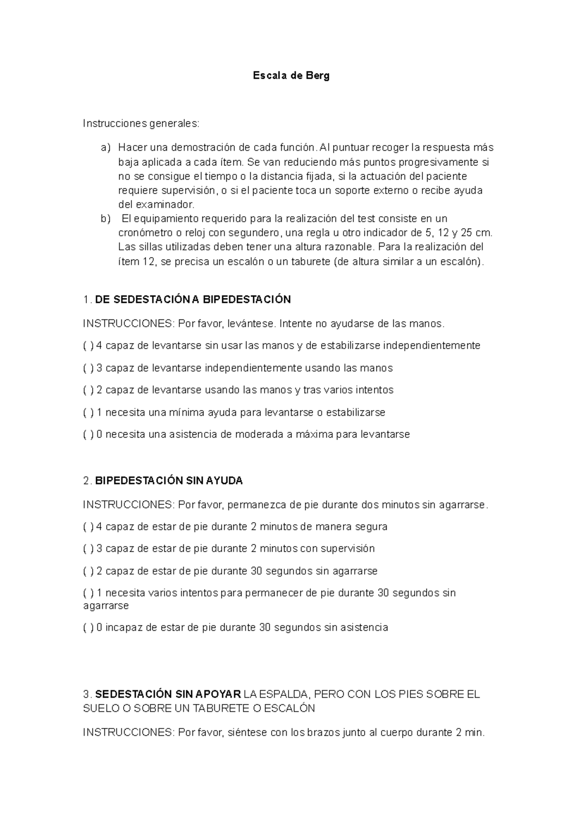 Escala Berg Español - Escala de Berg Instrucciones generales: a) Hacer ...