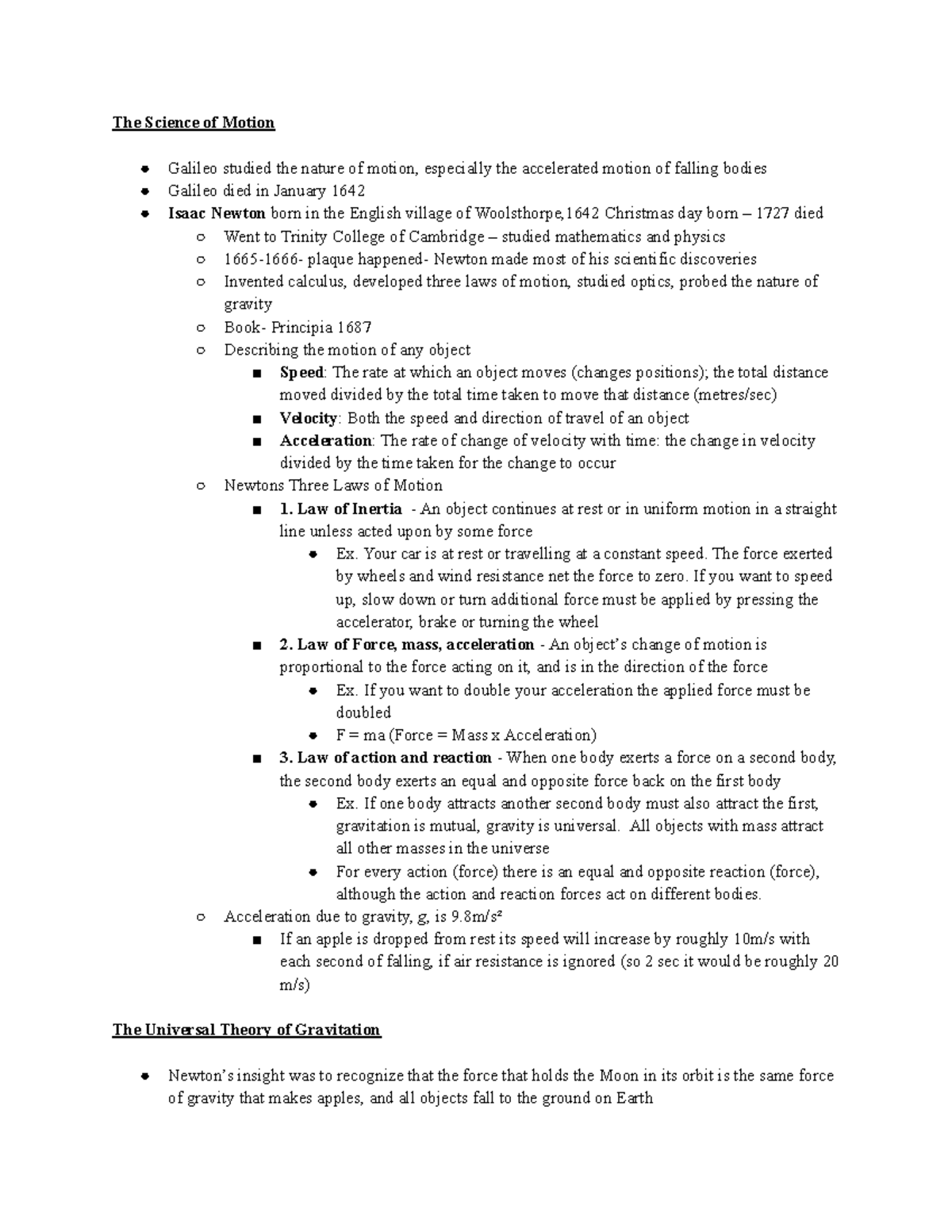 AS101 Lesson 5 Notes - The Science of Motion Galileo studied the nature ...