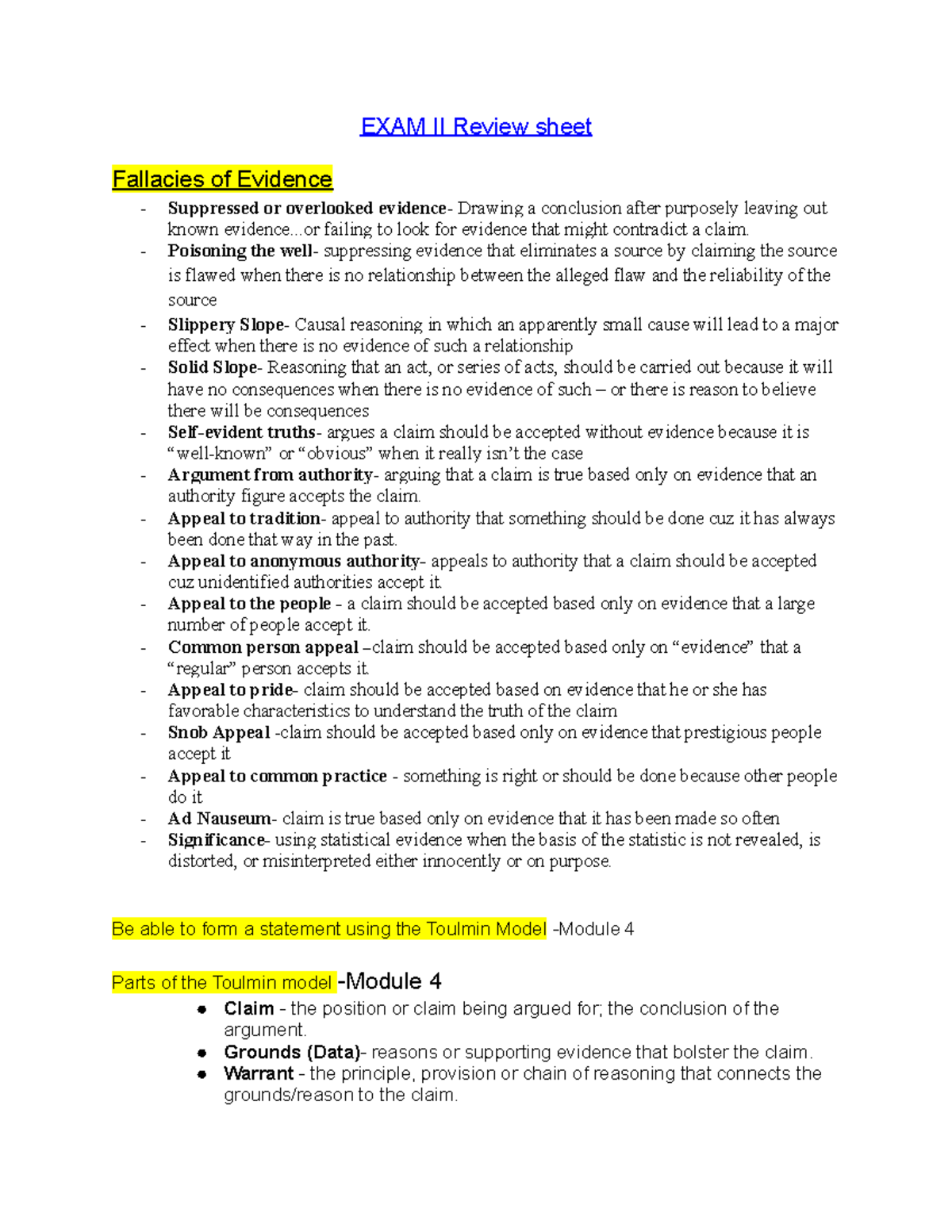 EXAM II Review sheet - Argue - EXAM II Review sheet Fallacies of Evidence Suppressed or ...