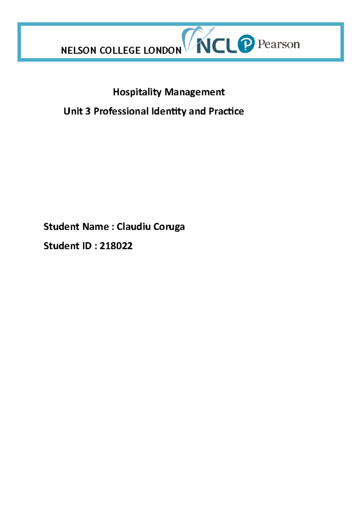 Unit 3 Professional Identity and Practice - Hospitality Management Unit ...