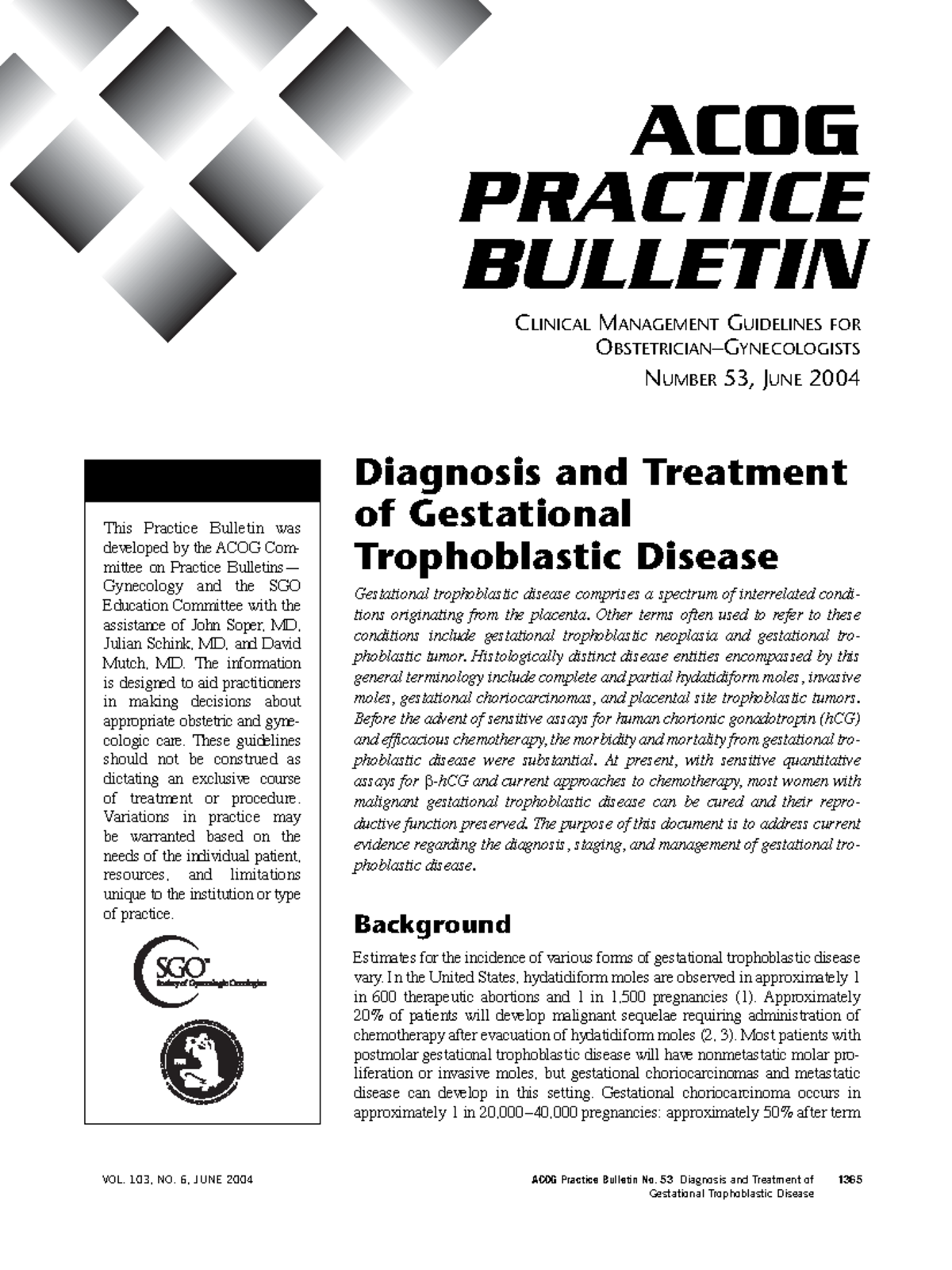 ACOG, DX Y Manejo DE LA GTD - VOL. 103, NO. 6, JUNE 2004 ACOG Practice ...