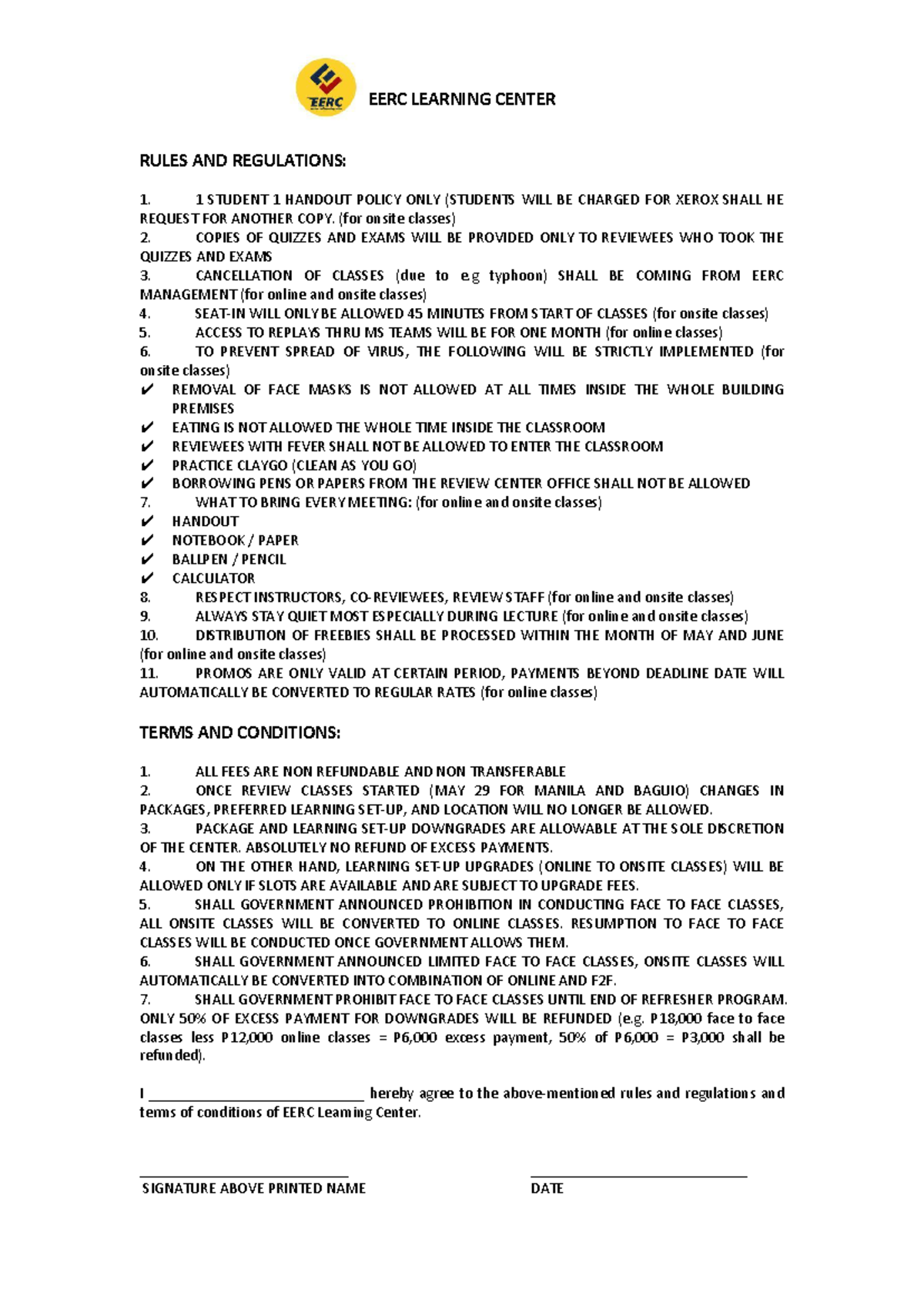 Terms-AND- Conditions - EERC LEARNING CENTER RULES AND REGULATIONS: 1 ...
