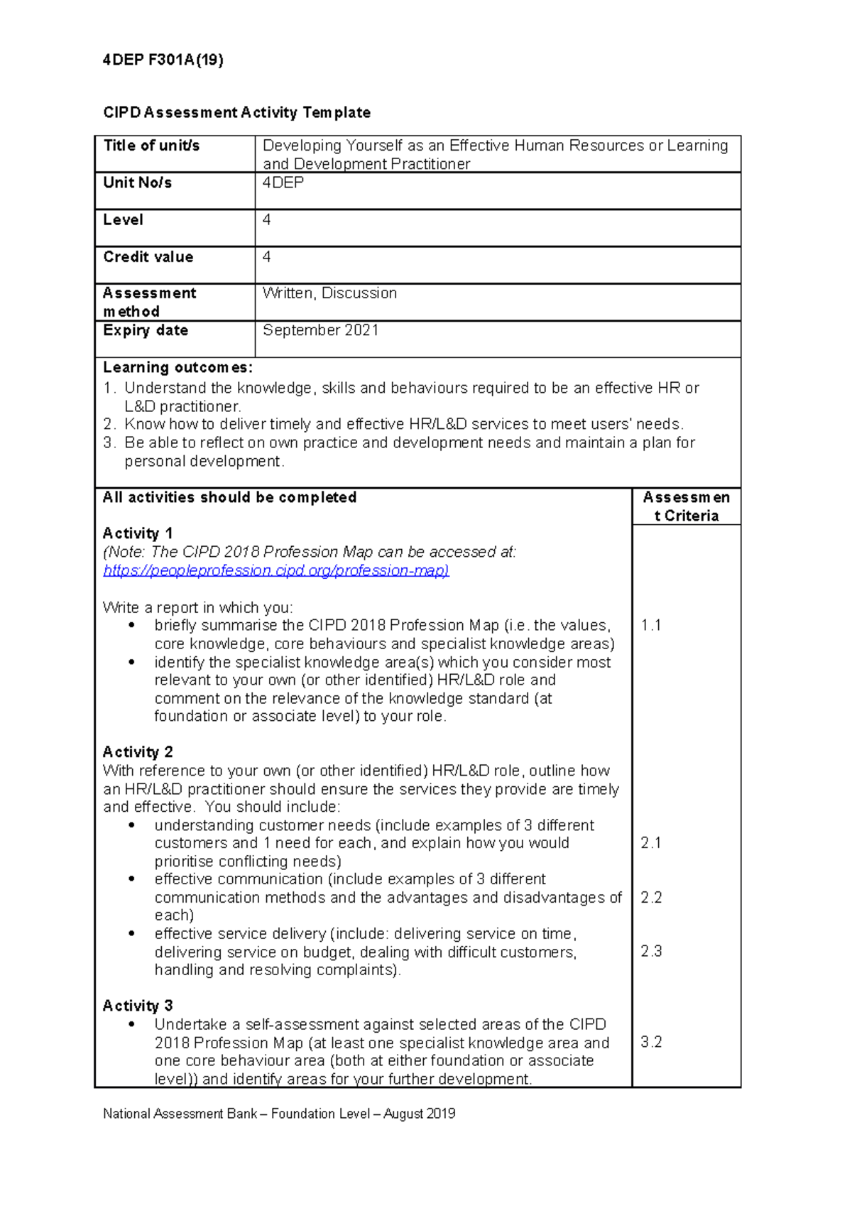 4DEP F301A(19) - August 2020 - Assignment - CIPD Assessment Activity ...