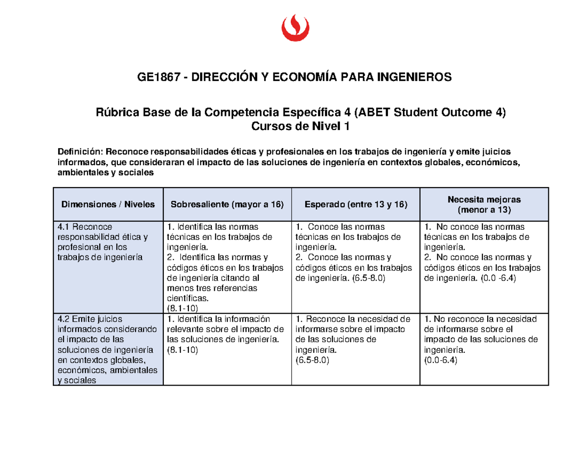 Rúbrica de la Competencia Específica 4 - GE1867 - DIRECCIÓN Y ECONOMÍA ...