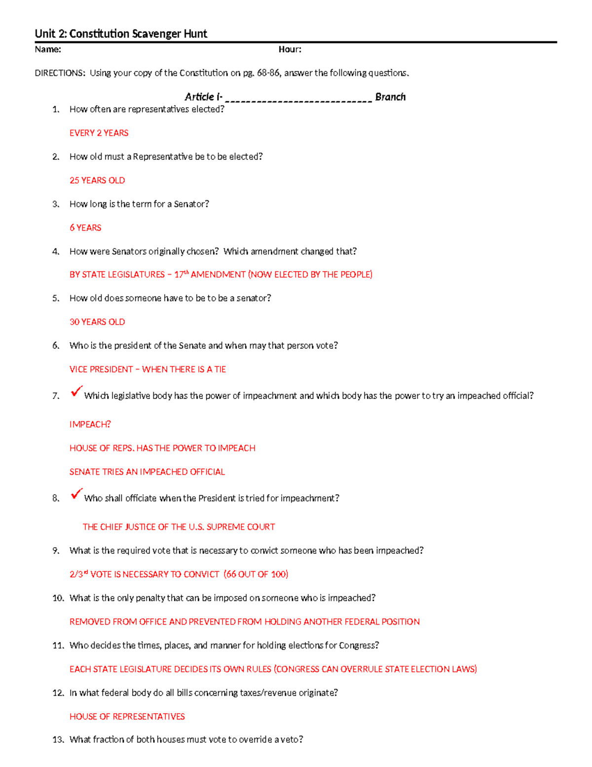 Constitution scavenger hunt key - Unit 2: Constitution Scavenger Hunt ...