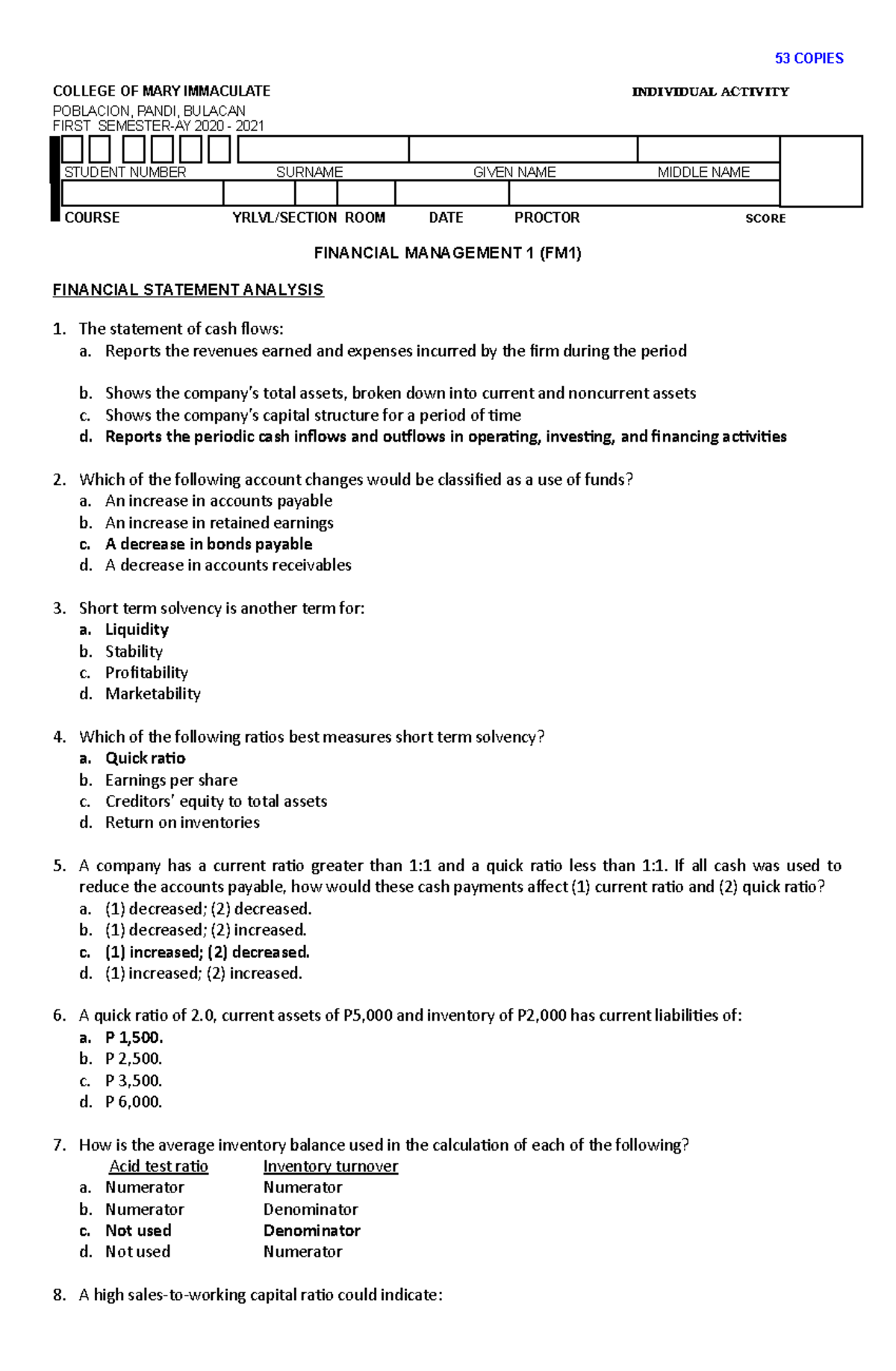 FM1 Activity October 3 2020 BSA2 FS Analysis Key - 53 COPIES COLLEGE OF ...