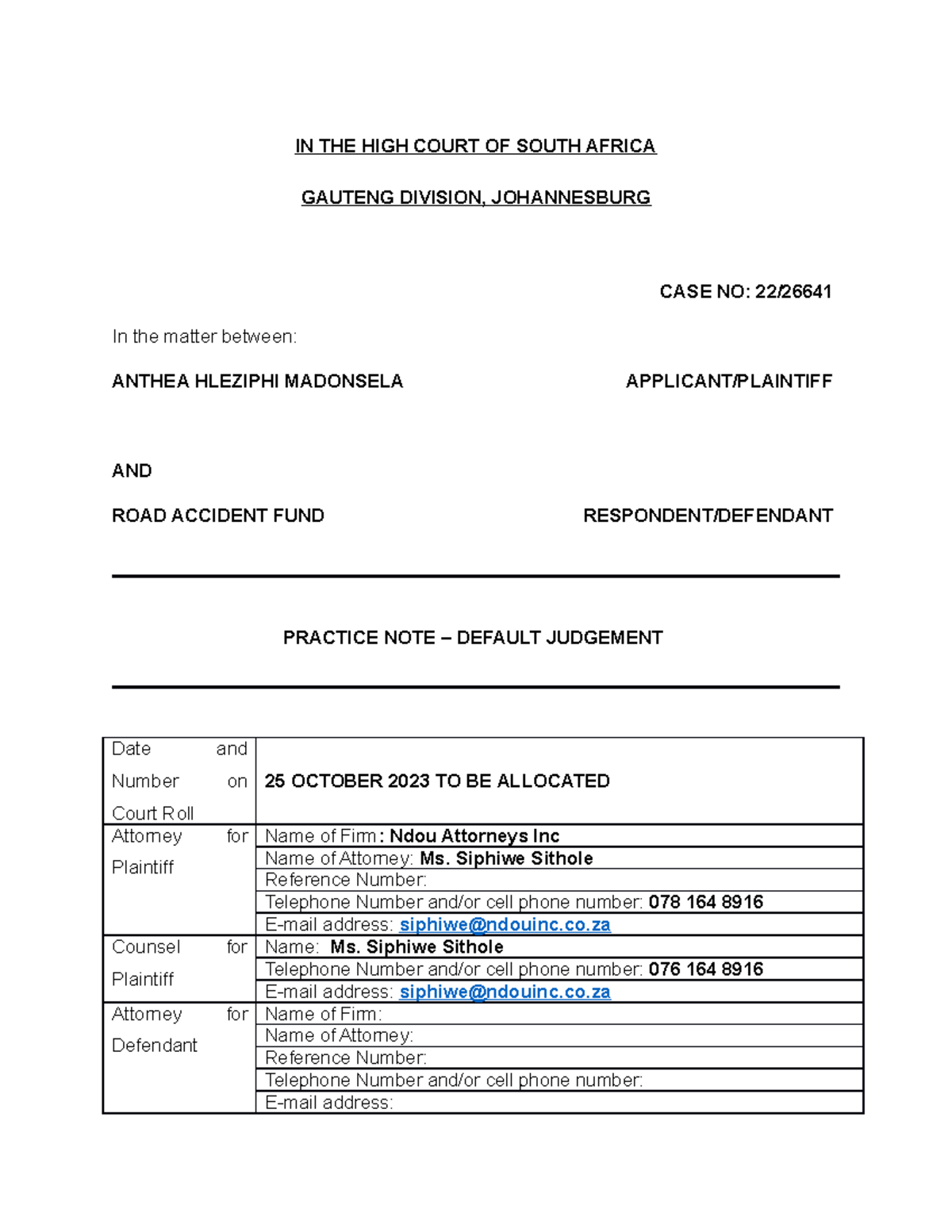 Practice Note- 14- 10-2023 - IN THE HIGH COURT OF SOUTH AFRICA GAUTENG DIVISION, JOHANNESBURG ...