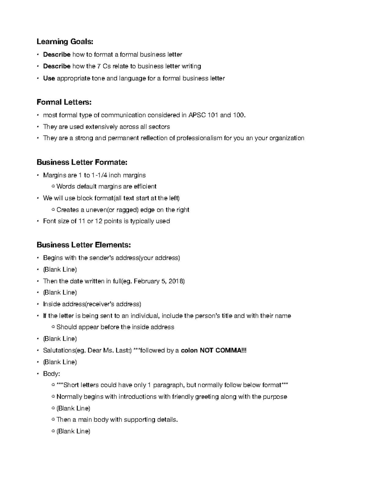 Week 7 Video 2 Business Letters - Learning Goals: Describe how to ...