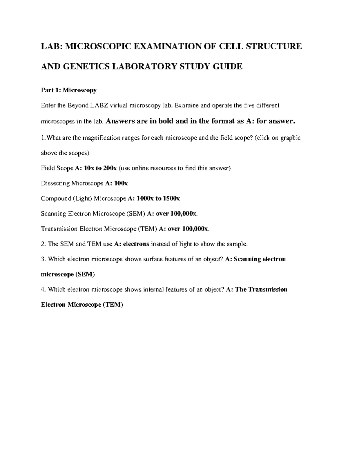 Lab Study Sheet - ready - LAB: MICROSCOPIC EXAMINATION OF CELL ...