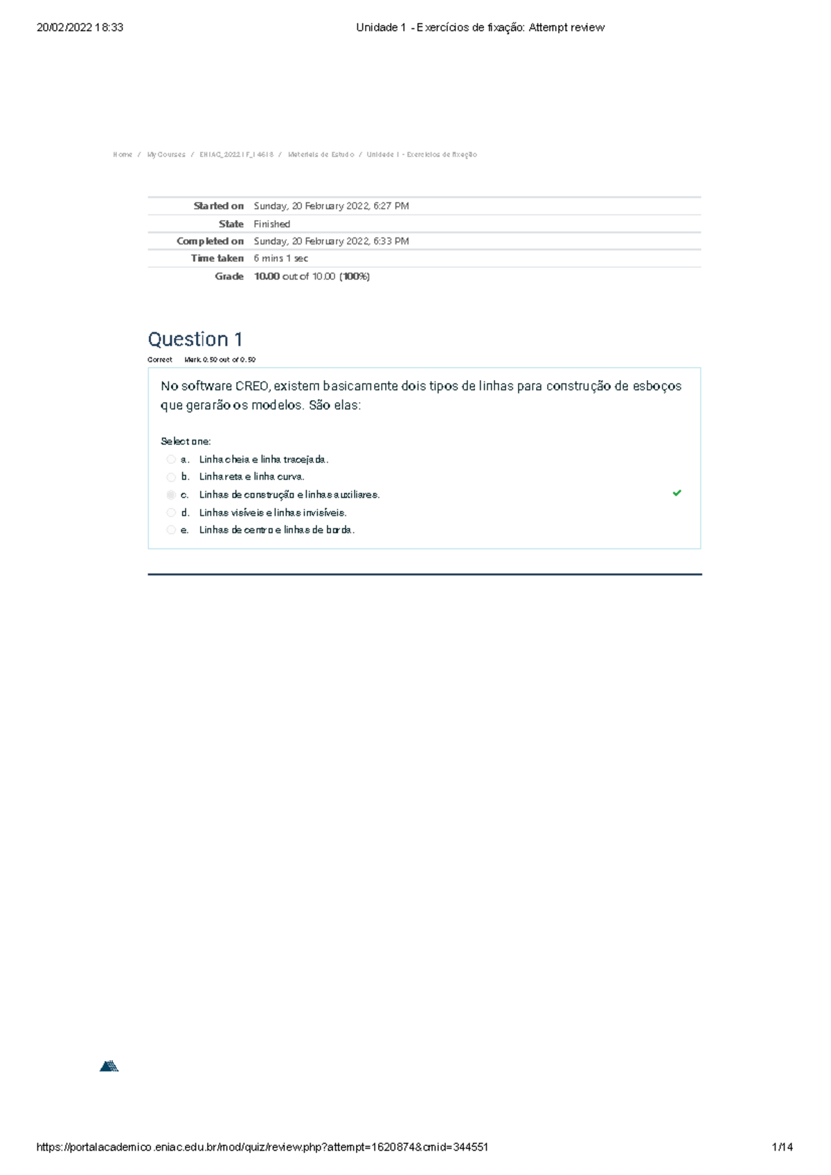 Unidade 1 - Exercícios de fixação Attempt review - Home /My Courses ...